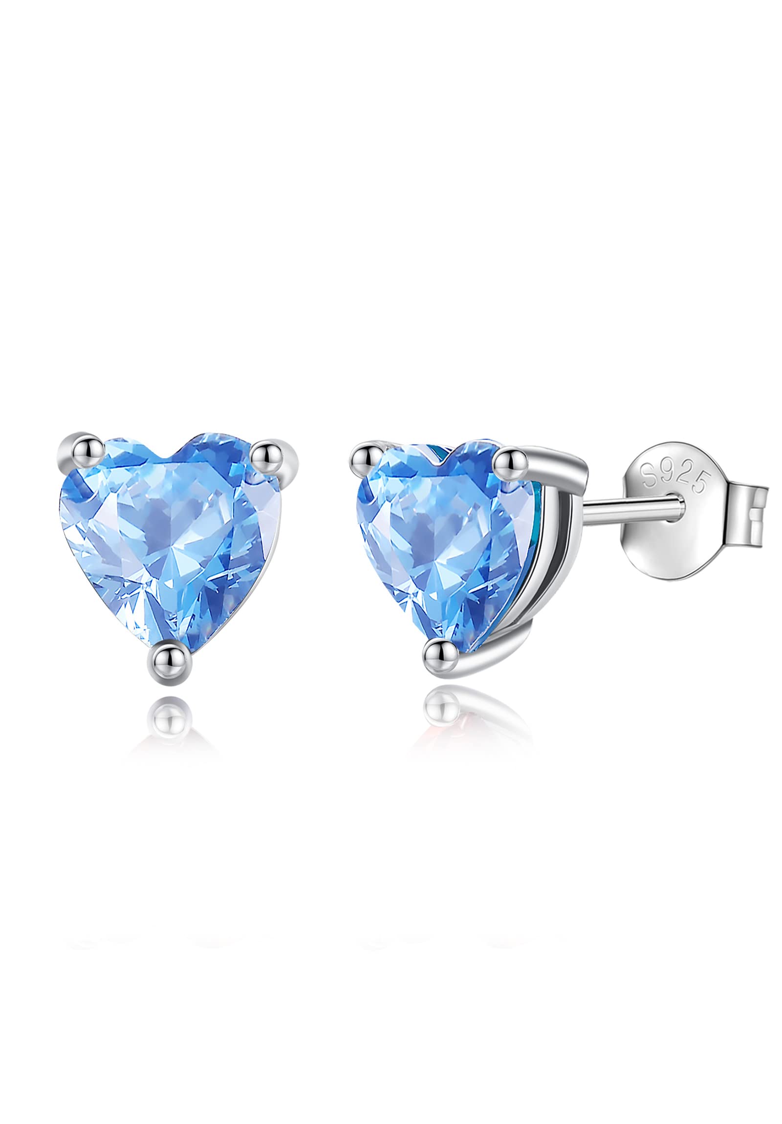 Vito 925 Sterling Silver Birthstone March Stud Earrings for Women, Cubic Zirconia Hypoallergenic Heart Aquamarine Ear Studs Jewelry Gift for Sister Daughter on Birthday