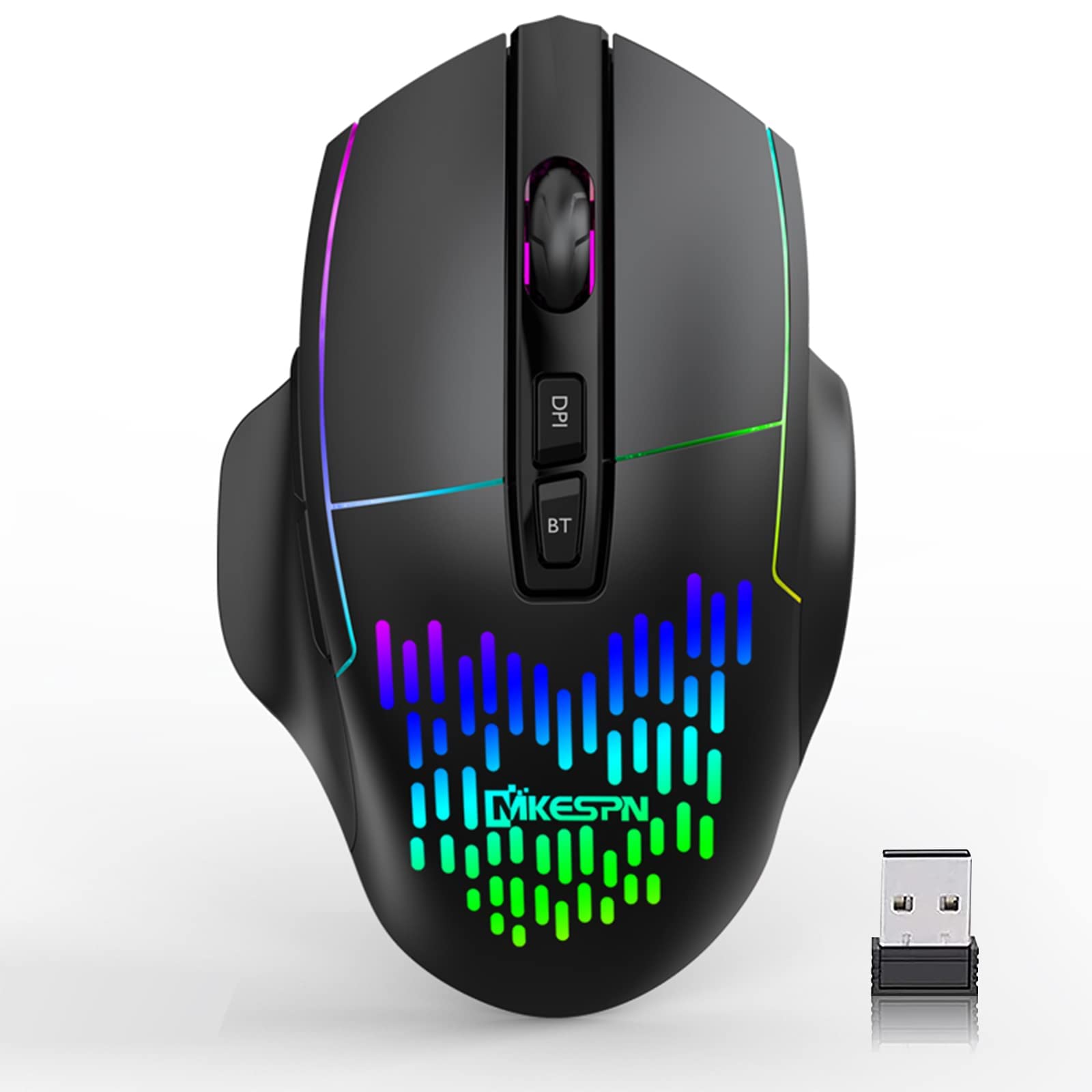 VEGCOO Wireless Gaming Mouse, Silent Rechargeable Wireless Mouse with Colorful LED Lights, 2400 DPI Adjustable Computer Mice with 7 Buttons, Bluetooth Mouse with Thumb Rest for Laptop/PC (C27 Black)