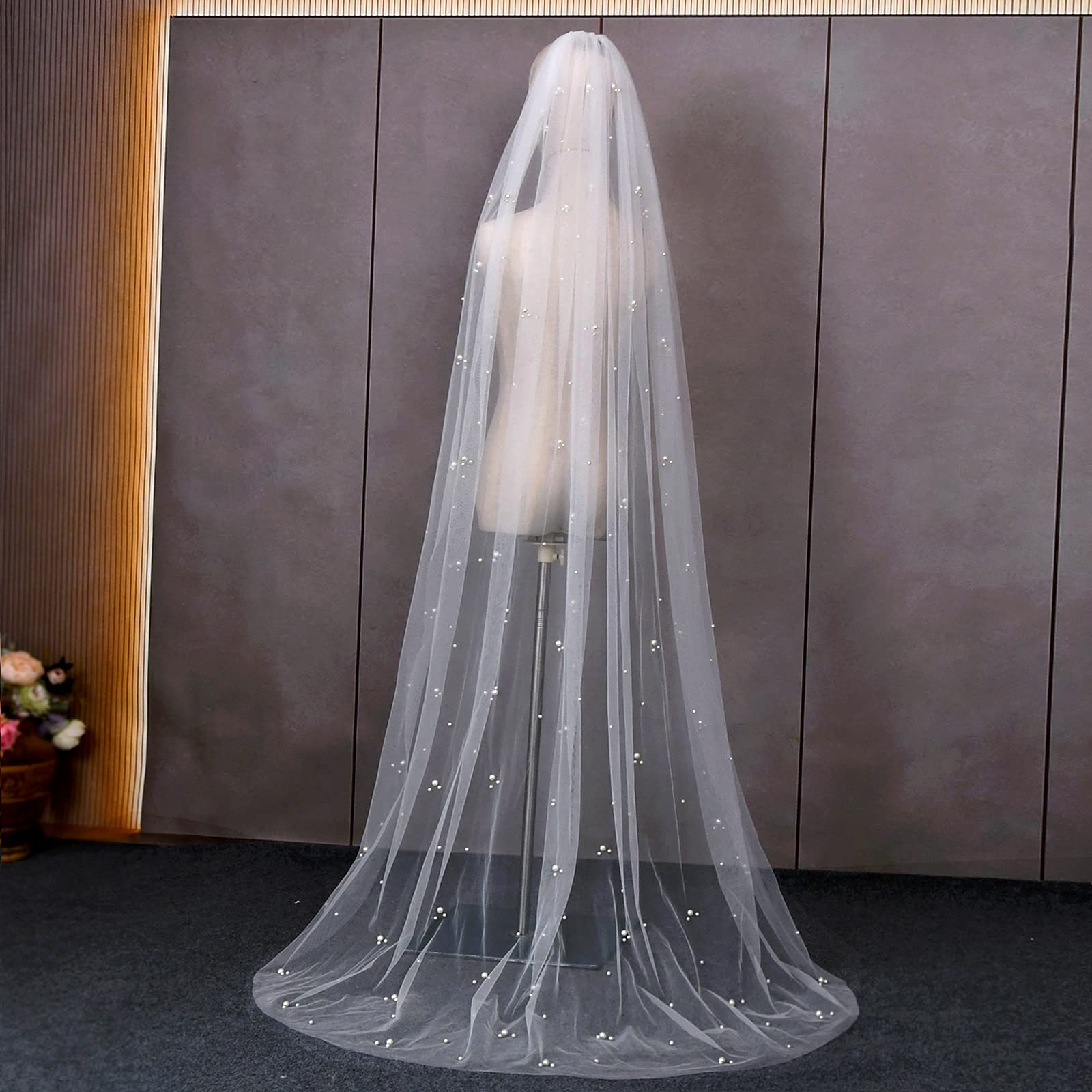 ULAPAN Women Pearl Wedding Veil Simple Chapel Bridal Veil for Wedding Party 2M Long (white)