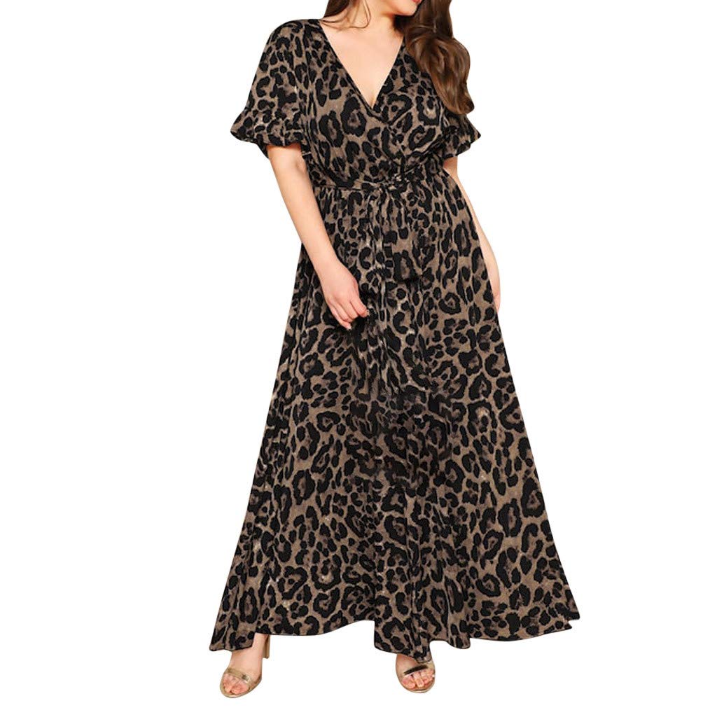 Women Leopard Maxi Dress Plus Size Wrap Deep V Neck Long Dress High Waisted Belt Ruffle Swing Dress