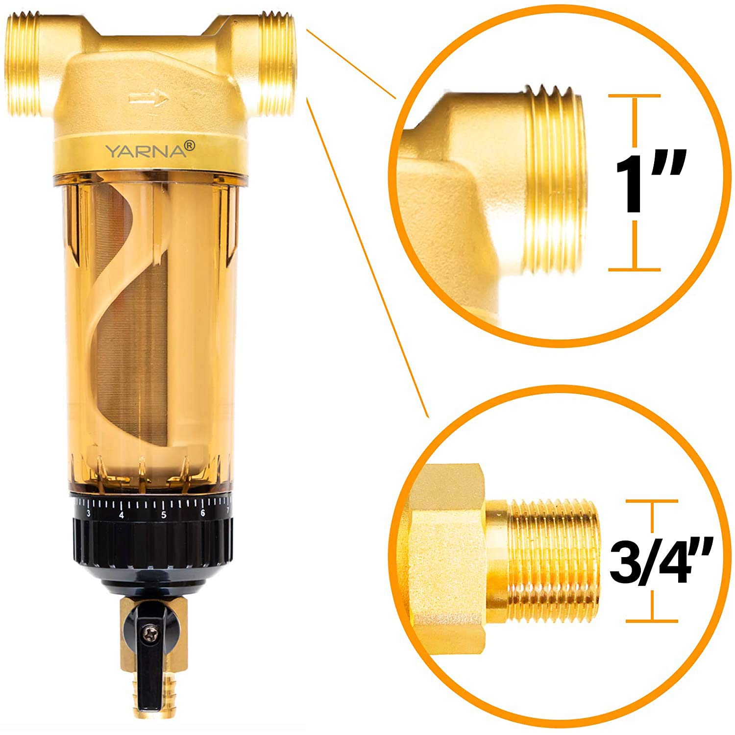 Sediment Water Filter - Whole House Reusable Filtration Water System - Spindown Prefilter 50 Micron (3/4" Male NPT + 1/2" Female NPT)