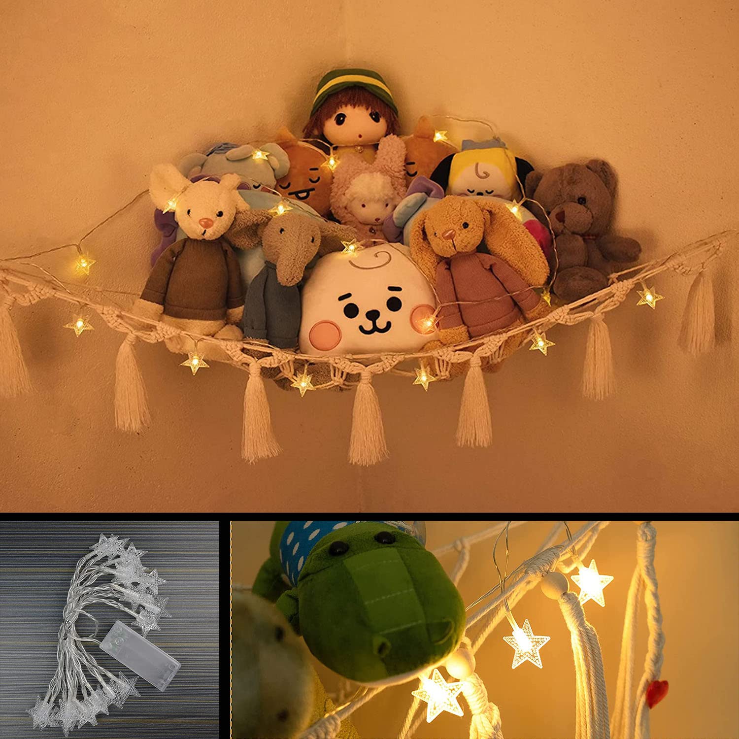 Wonlimaye Stuffed Animal Hammock Toy Storage with LED Light,Corner Stuffed Animal Net with Tassels,Children's bedroom playroom hanging toy storage net (White)