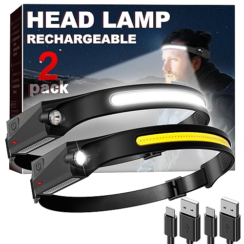 Rechargeable Headlamp【2 Pack】, Rechargeable Head Lamp LED Super Bright HeadLamps for Adults 230° Wide Beam Camping Head Light for Head USB Charging for Camping Accessories, Hardhat Light, Repairing