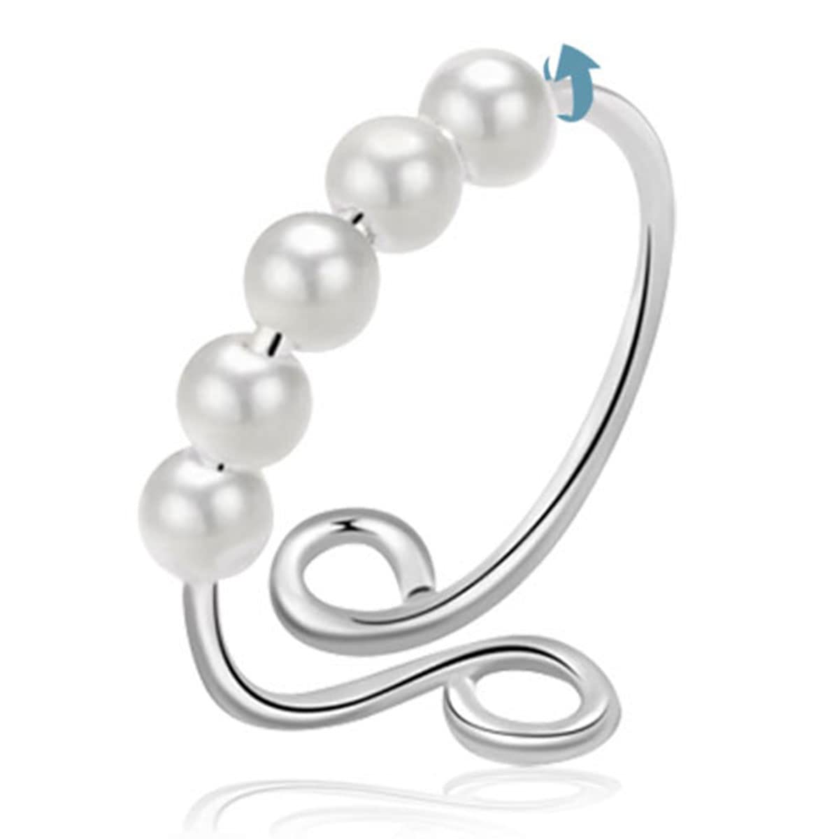 Vito Sterling Silver Fidget Anxiety Ring for Women, Adjustable Open Spinner Ring with Rotatable 5 Pearl Beads, Stacking Pressure Band Ring Jewellery Gift for Stressed Adult Women Men