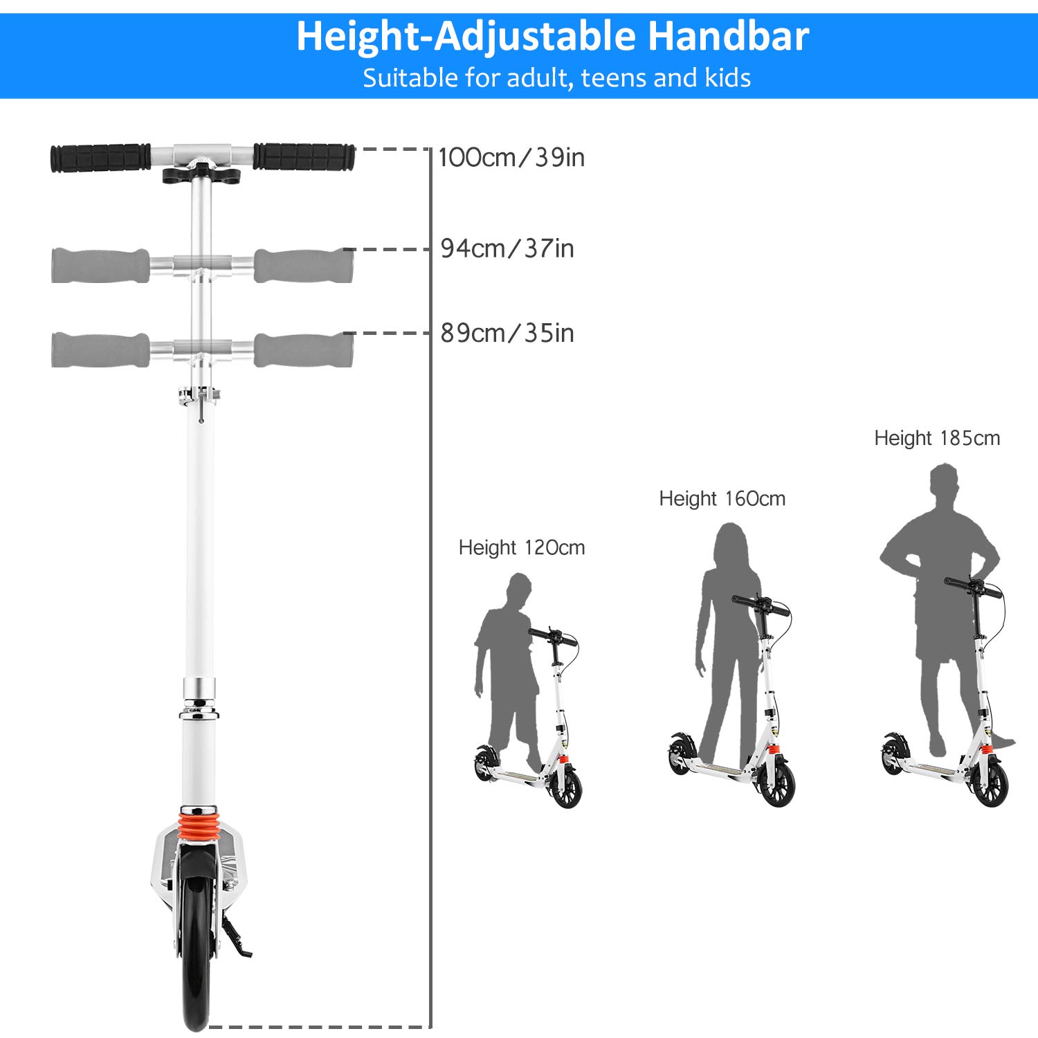 Scooter for Adults/Teens/Kids, 200mm Big Wheels Scooter Easy Folding Lightweight Height Adjustable Rear Fender Brake Scooter Support 220lbs (White)