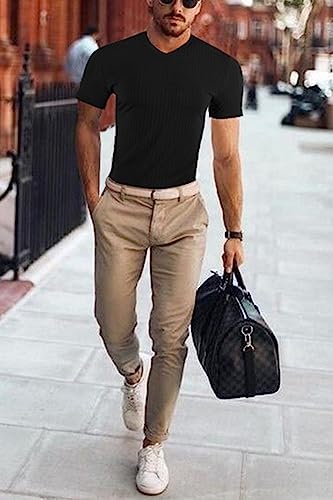 Viwedo Men's V Neck T Shirts Casual Stylish Fitted Elasticity Tees for Men Black
