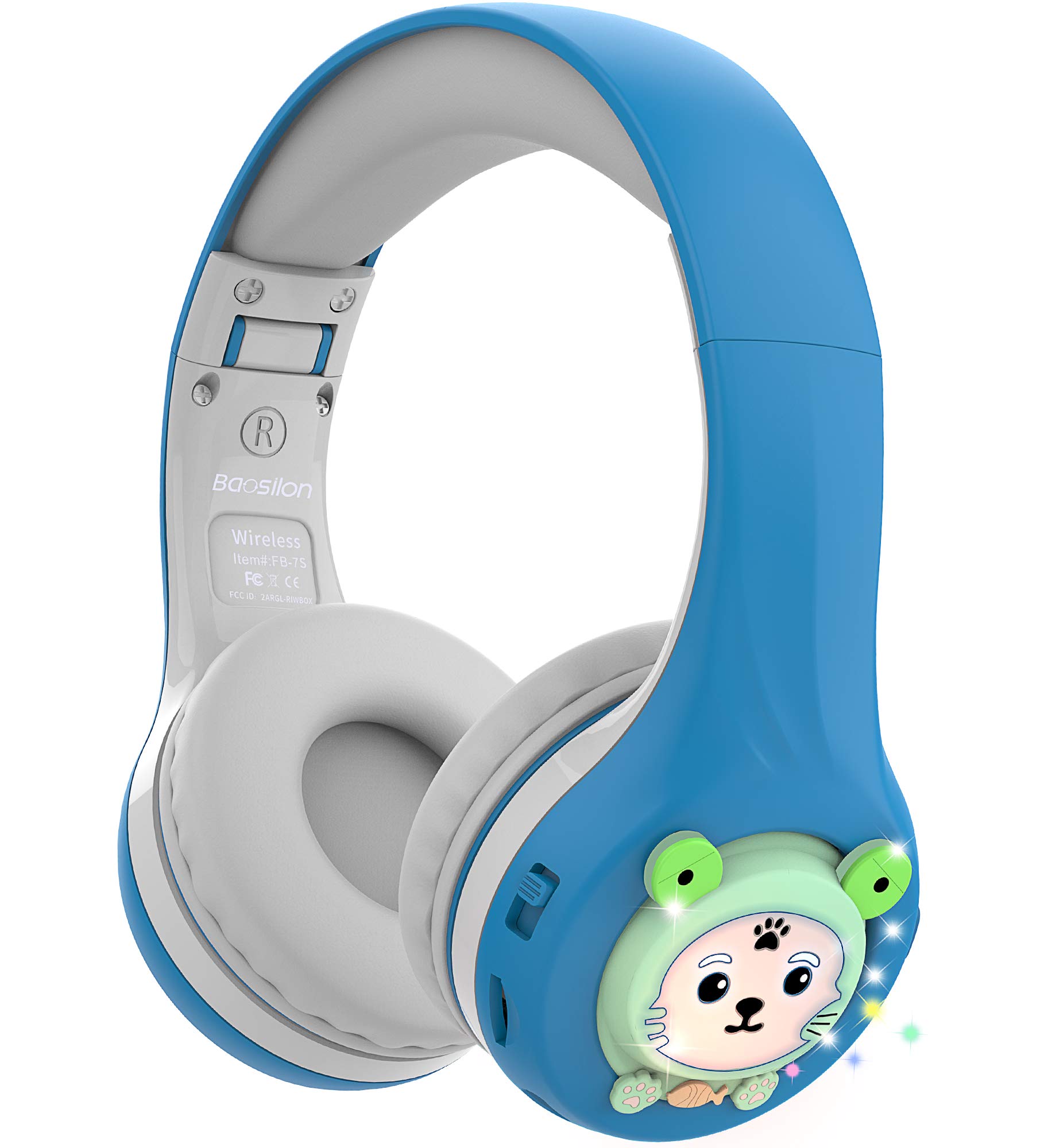 Riwbox FB-7S Frog Kids Headphones Bluetooth, LED Light Up Bluetooth Headphones Over Ear Volume Limited Safe 75/85/95dB with Mic and TF-Card, Children Headphones for School/PC (Blue&Grey)