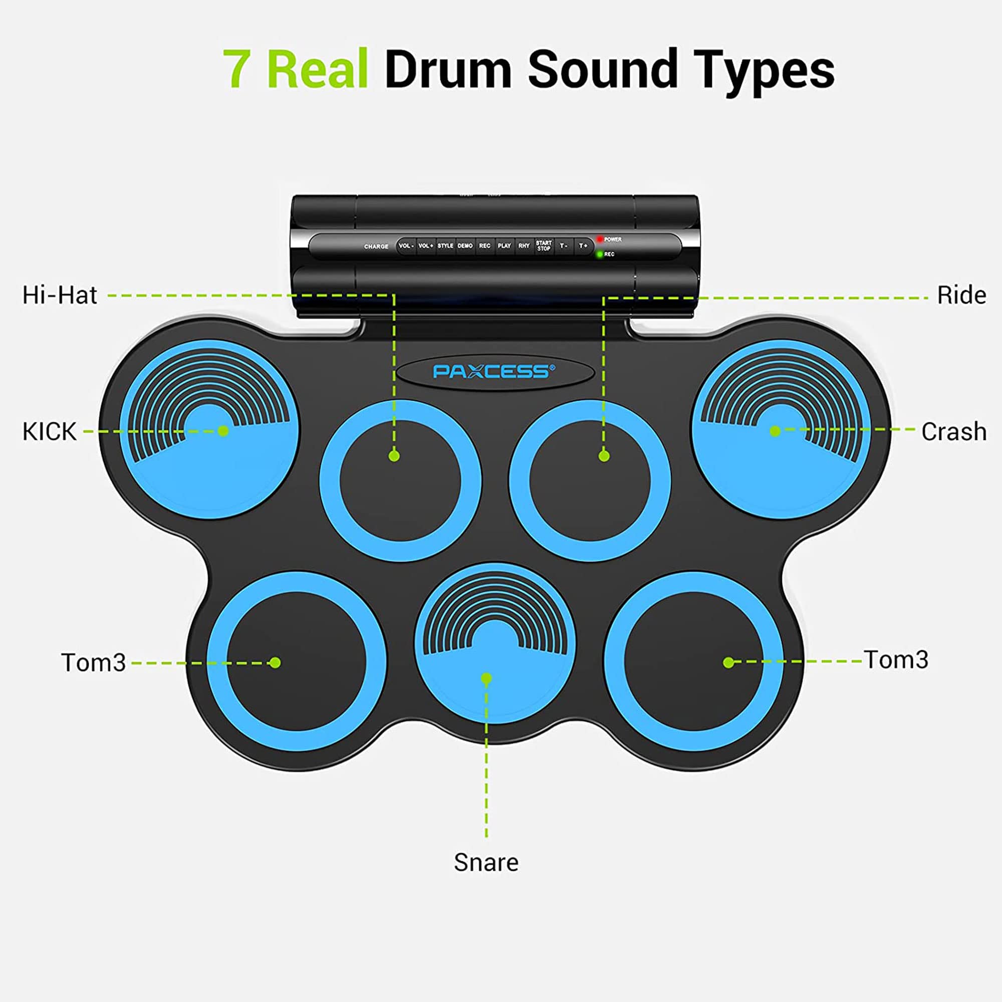 PAXCESS 7 Pad Portable Electronic Drum Set with Headphone Jack, Built-in Speakers, Drum Stick, Foot Pedals, Rechargeable Battery, and Charger