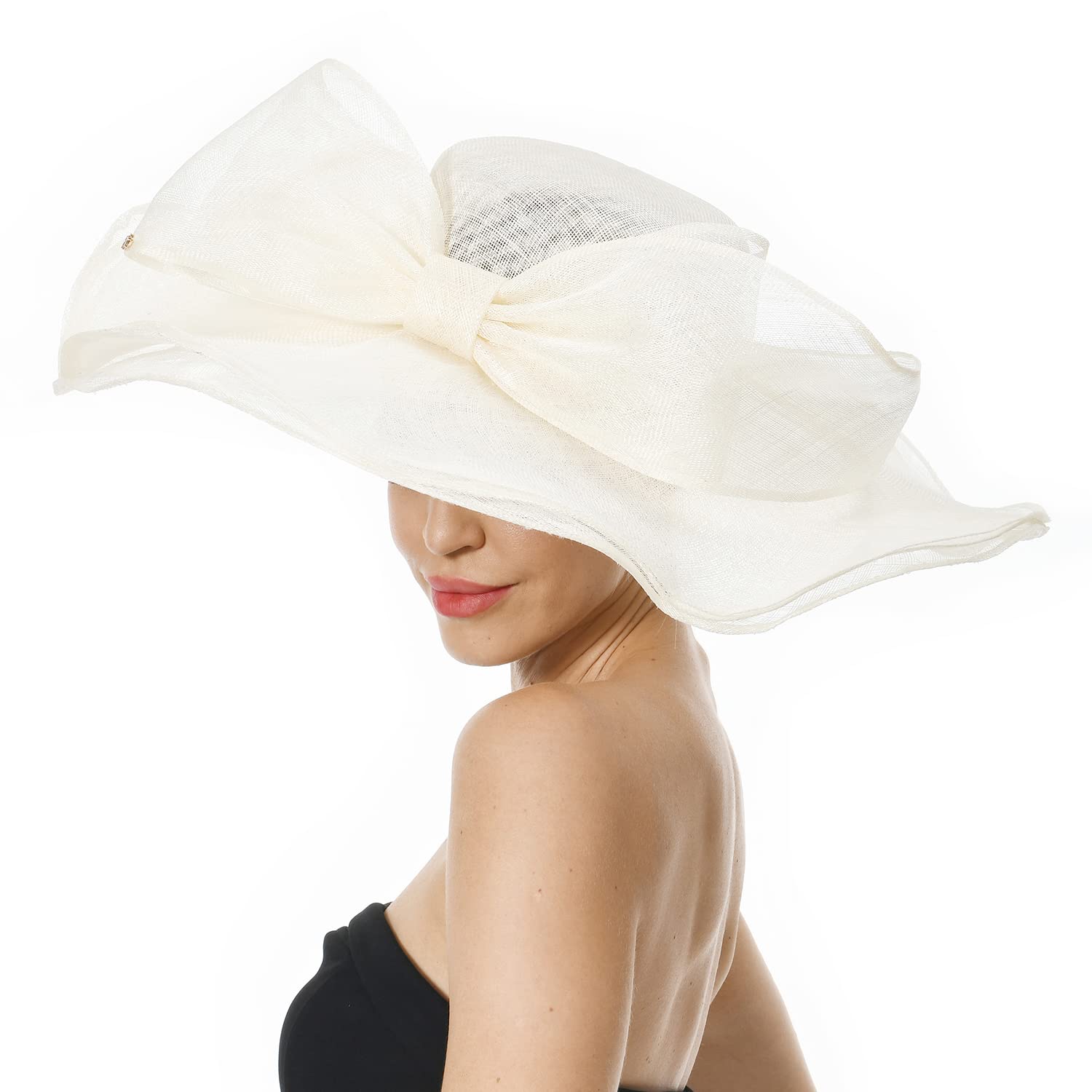 VINTAGEHAT Kentucky Derby Hats for Women - White Fascinator Large Brim Bowknot Church Summer Beach Sun Hat Off-white Small-Large