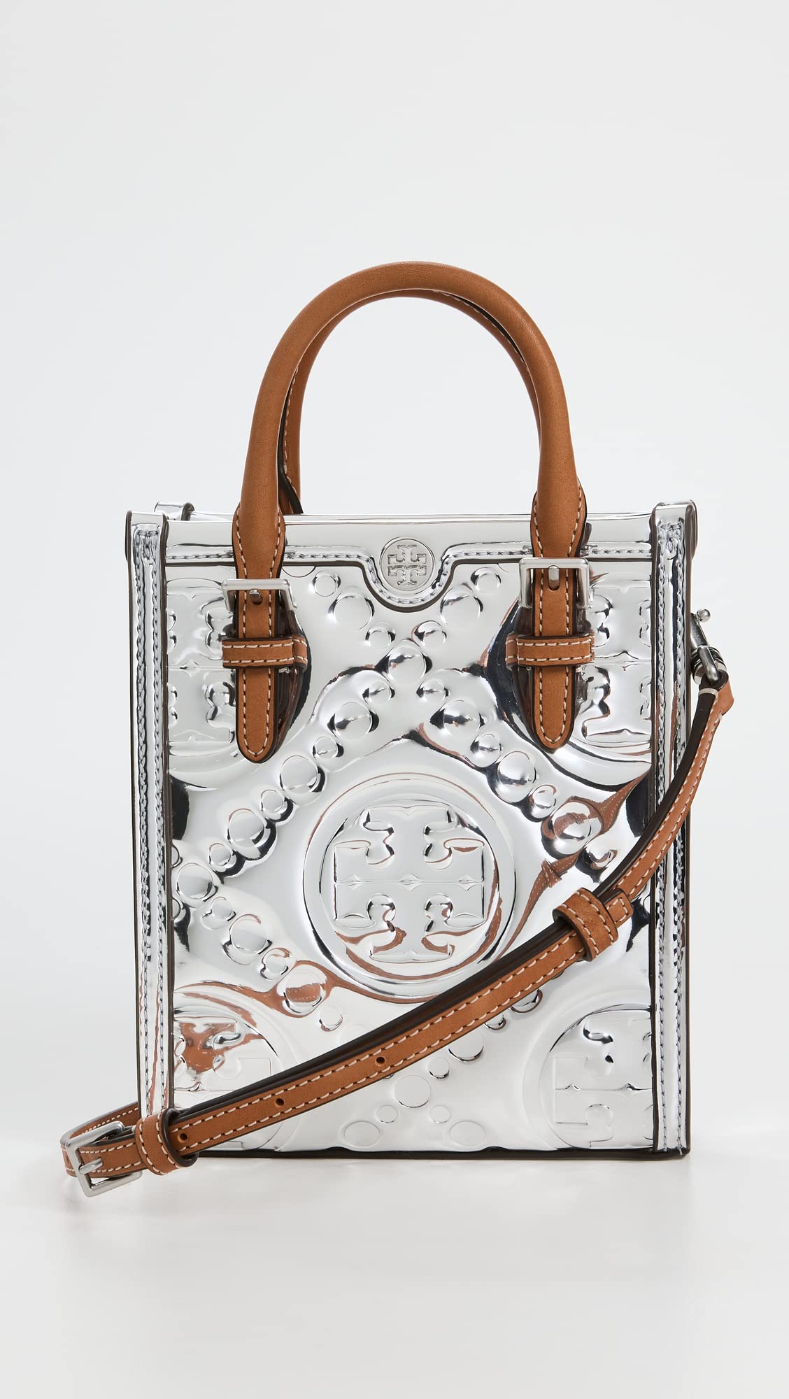 Tory Burch Women's T Monogram Embossed Metallic Mini Tote, Silver, One Size