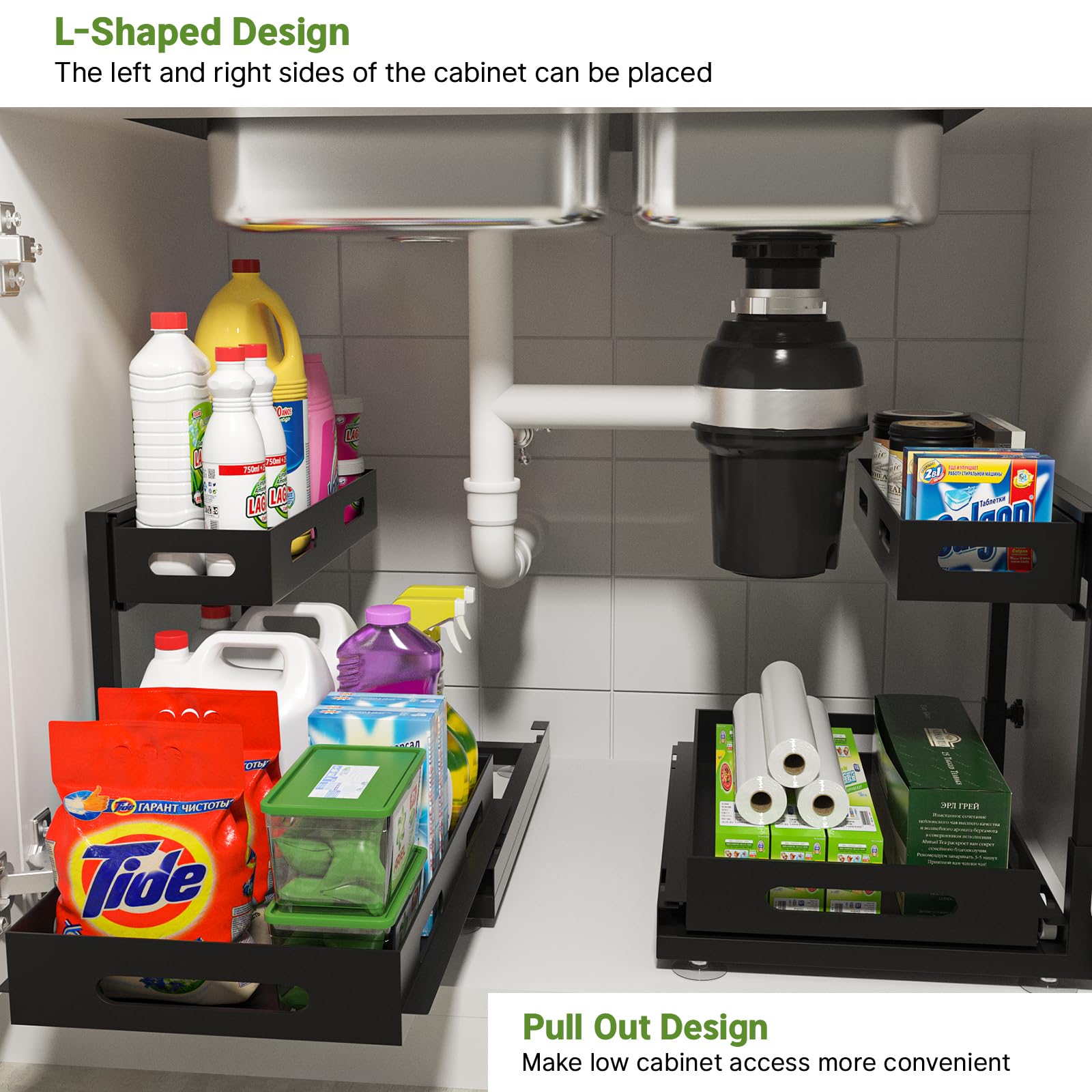 Slow Slog Under Sink Organizers and Storage, 2-Tier Sliding Under Sink Organizer, Under Cabinet Storage, Multi-Purpose Slide Out Sink Shelf, Under the Sink Organizer for Bathroom, Kitchen (Black)