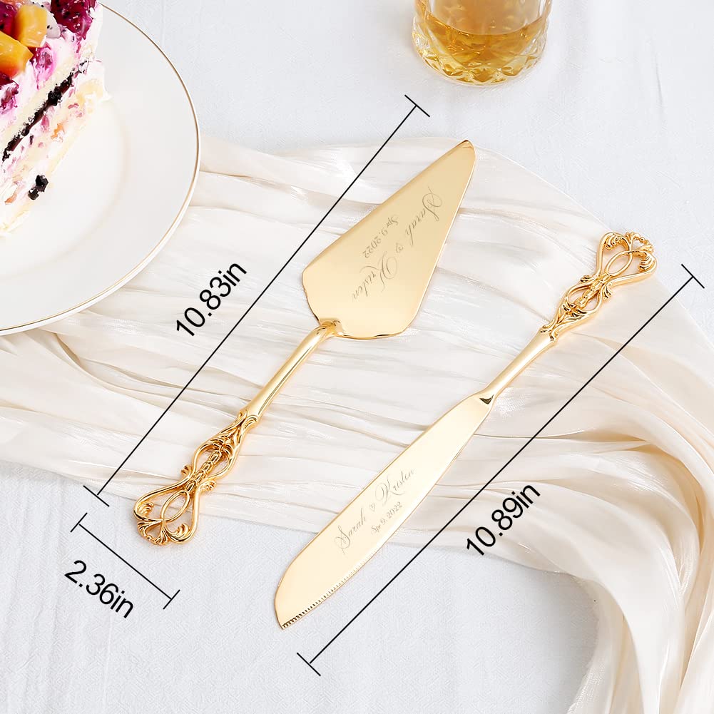 TUKDAK Wedding Cake Knife and Server Set, Personalized Gold Cake Cutting Set for Wedding, Engraved Classic Cake Knives Cutter Set, Pie Pastry Server, Birthday Bridal QuinceaƱera Gift (CUS-Crown)