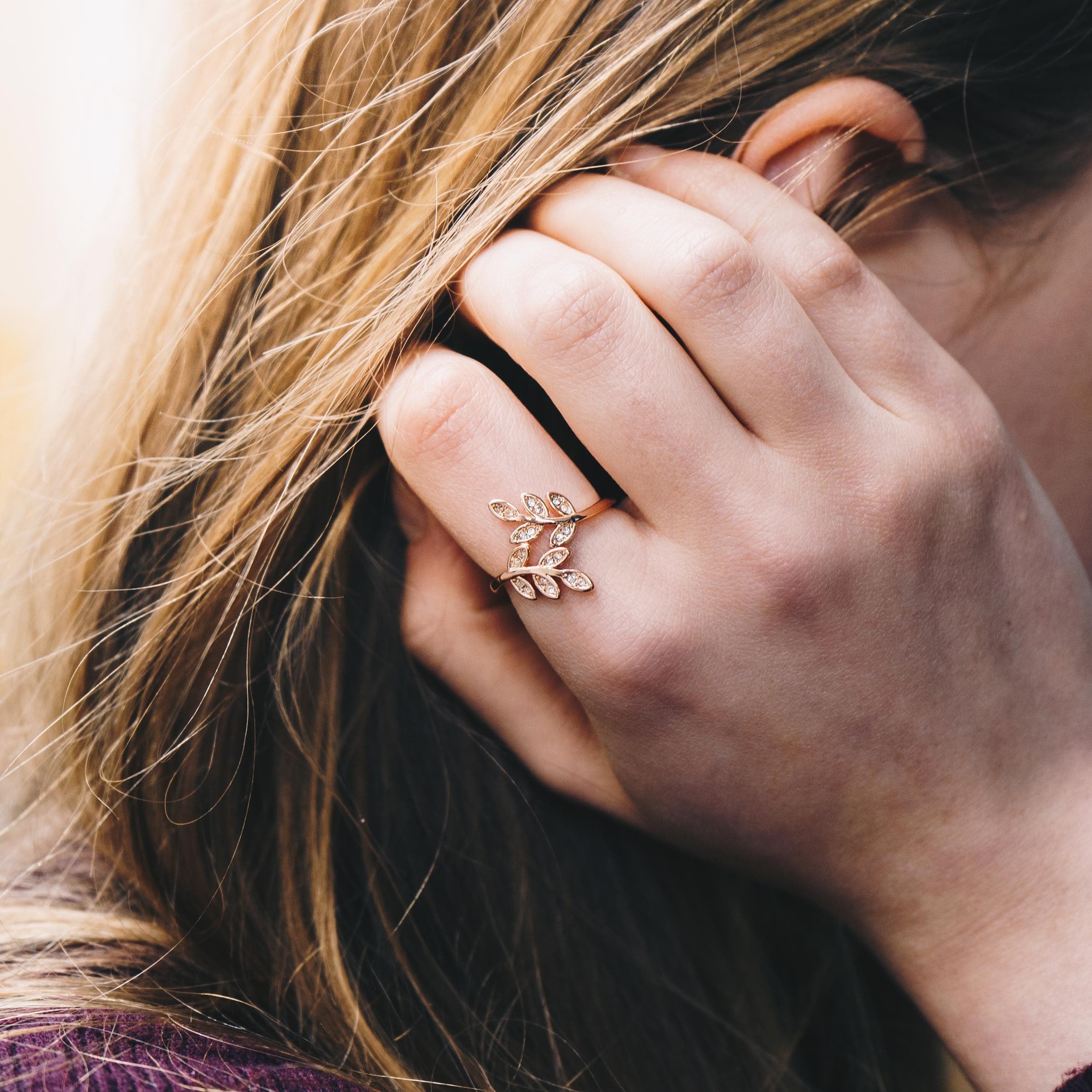 Philip Jones Rose Gold Plated Adjustable Leaf Ring Created with Zircondia® Crystals