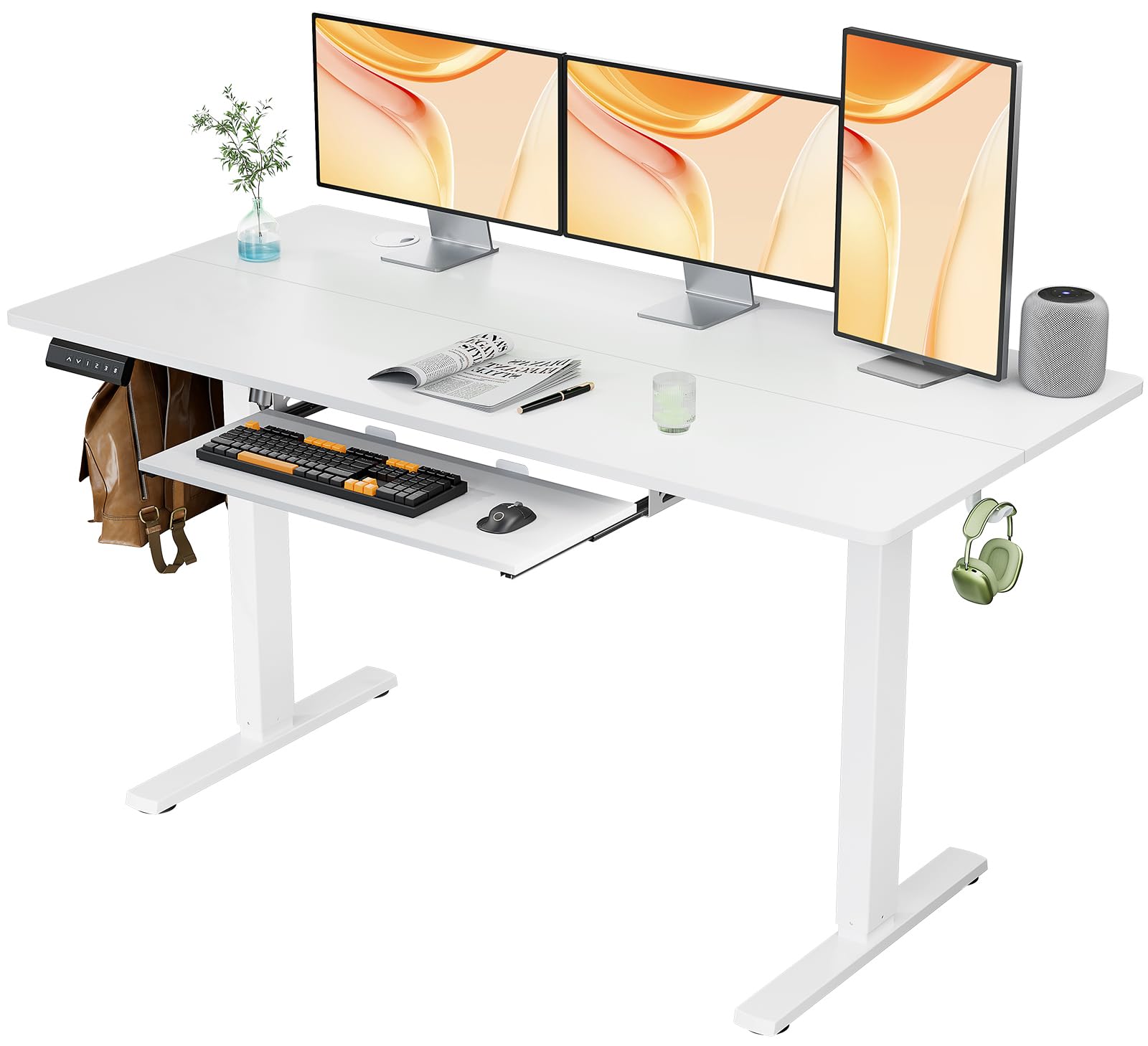 NEWBULIG Electric Standing Desk Height Adjustable with Keyboard Tray, 55" x 24" Inches, White Top and Frame