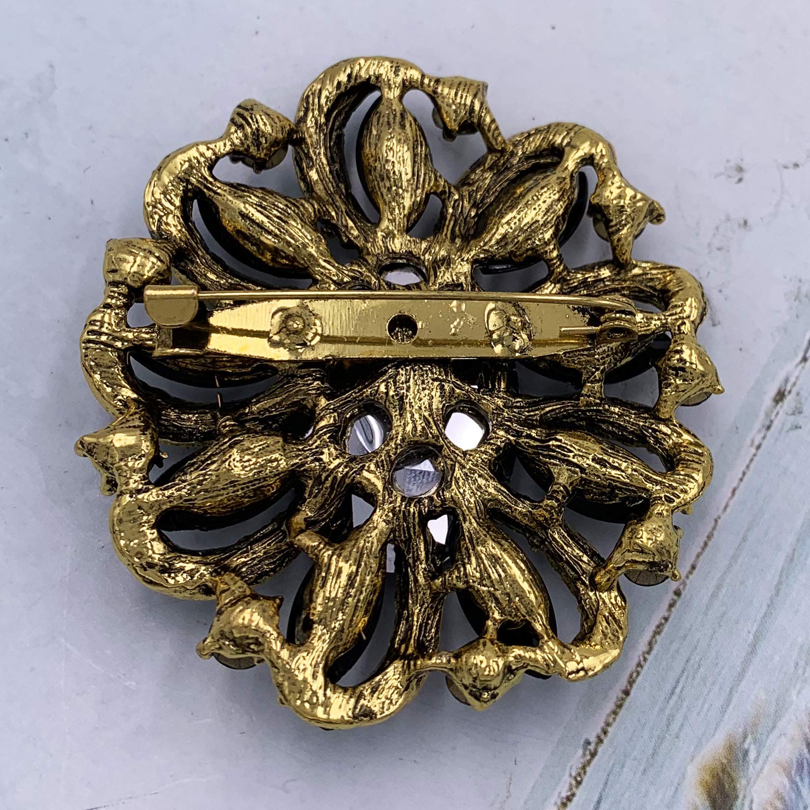 SELOVO Color Black Brooch Pin Marquise Flower Dress Accessory Gold Tone
