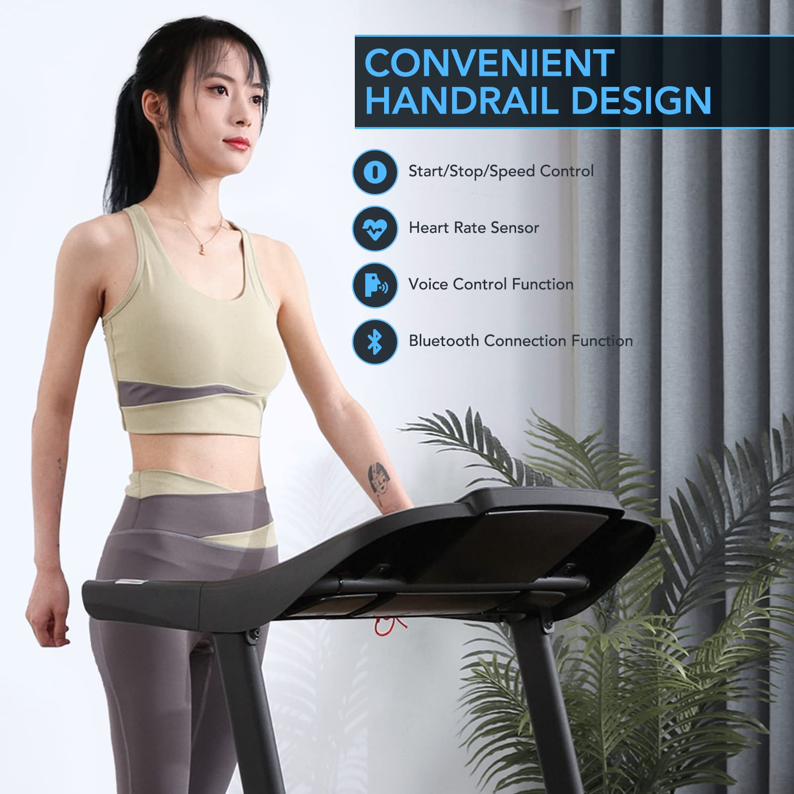Voice Control Treadmill Folding Treadmills Electric Running Machine Motorized with Bluetooth Connectivity 7.5 MPH 12 Pre-Set Training Programs Large LCD Monitor for Home Office Gym Use