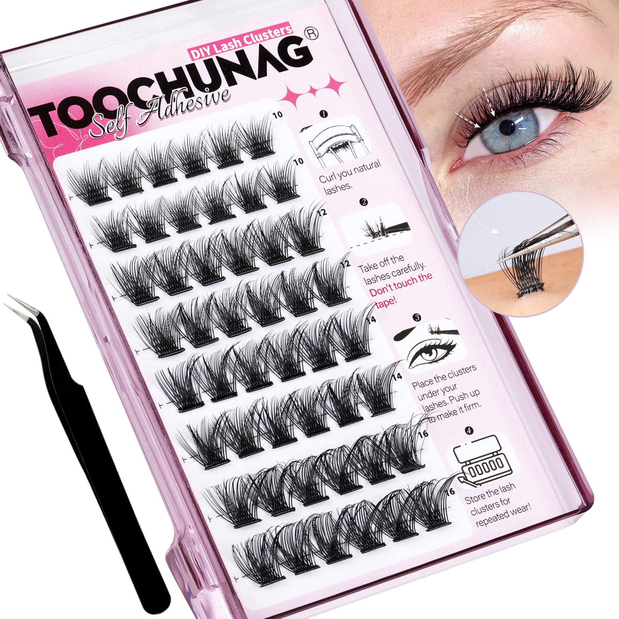 Self Adhesive Eyelashes Clusters Fluffy Individual Lashes with Lash Tweezers Reusable Self Adhesive Lash Clusters 10-16mm Easy to Apply Lash Extension Kit No Glue Eyelashes Needed by TOOCHUNAG