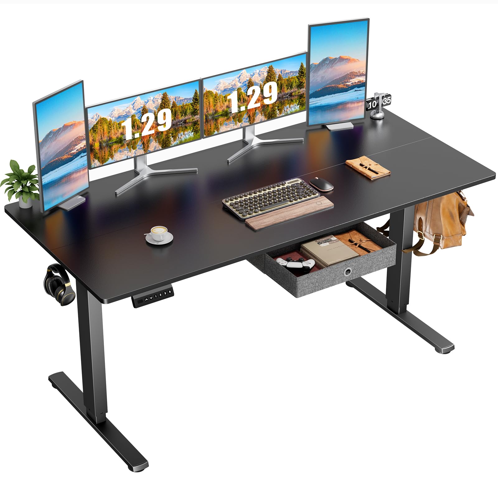 NEWBULIG Electric Height Adjustable Sit Stand Home Office Computer Desks with Drawer, 63 Inch, Black Top and Frame