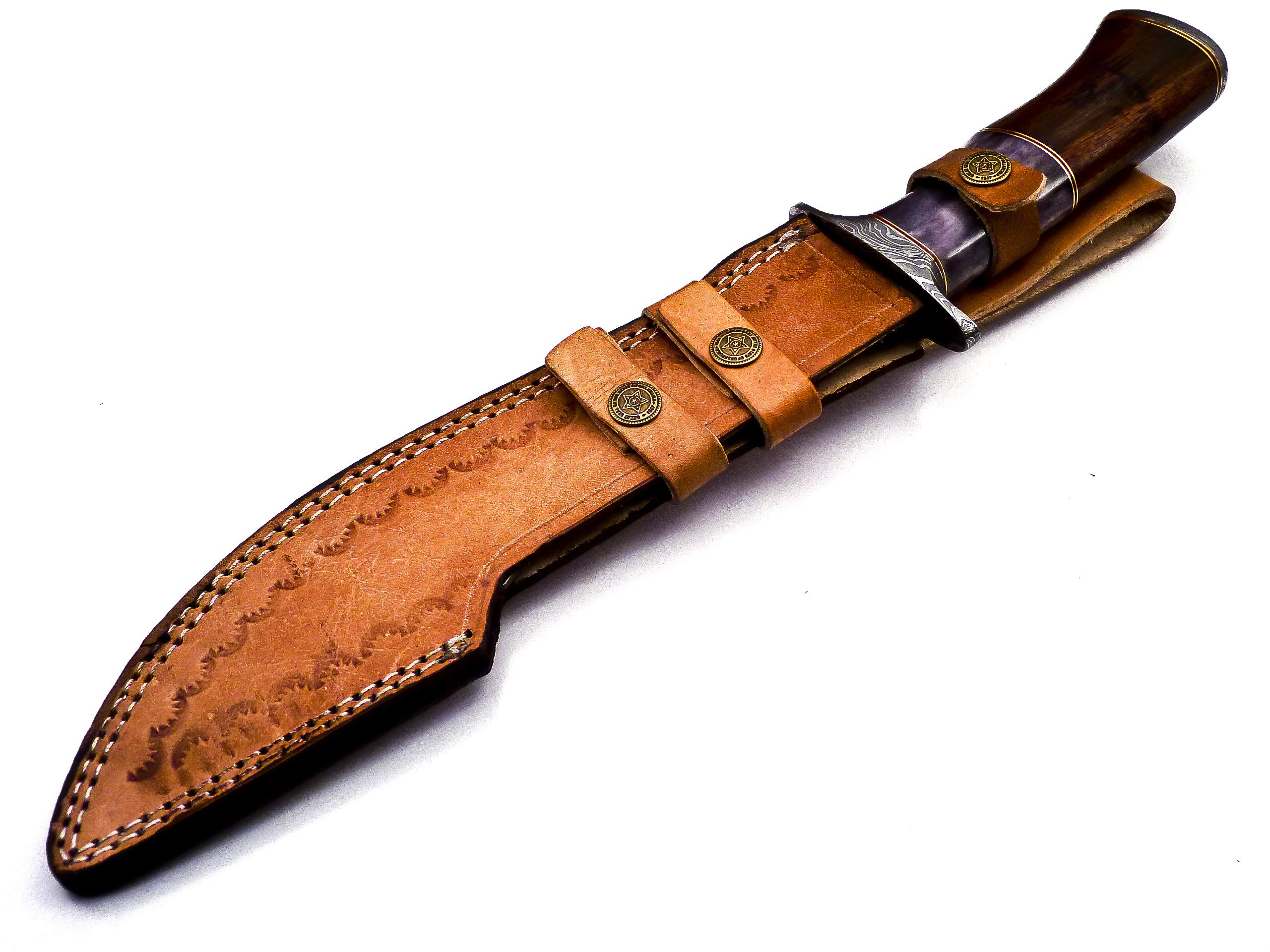Nooraki BK-42 Handmade Damascus Steel Fixed Blade Bowie Knife with Leather Sheath, Full Tang Multipurpose Knife with Solid Marindi Wood and Bull Horn Bone Handle for Outdoor Use, 15", B/White