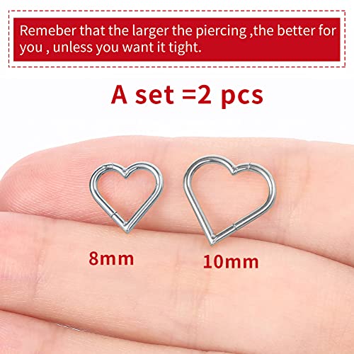 VOJO 2 Pcs G23 Titanium Heart Daith Piercing Jewelry Rook Tragus Clicker Ring Cartilage Earrings 16G (8mm+10mm, Heart Silver)