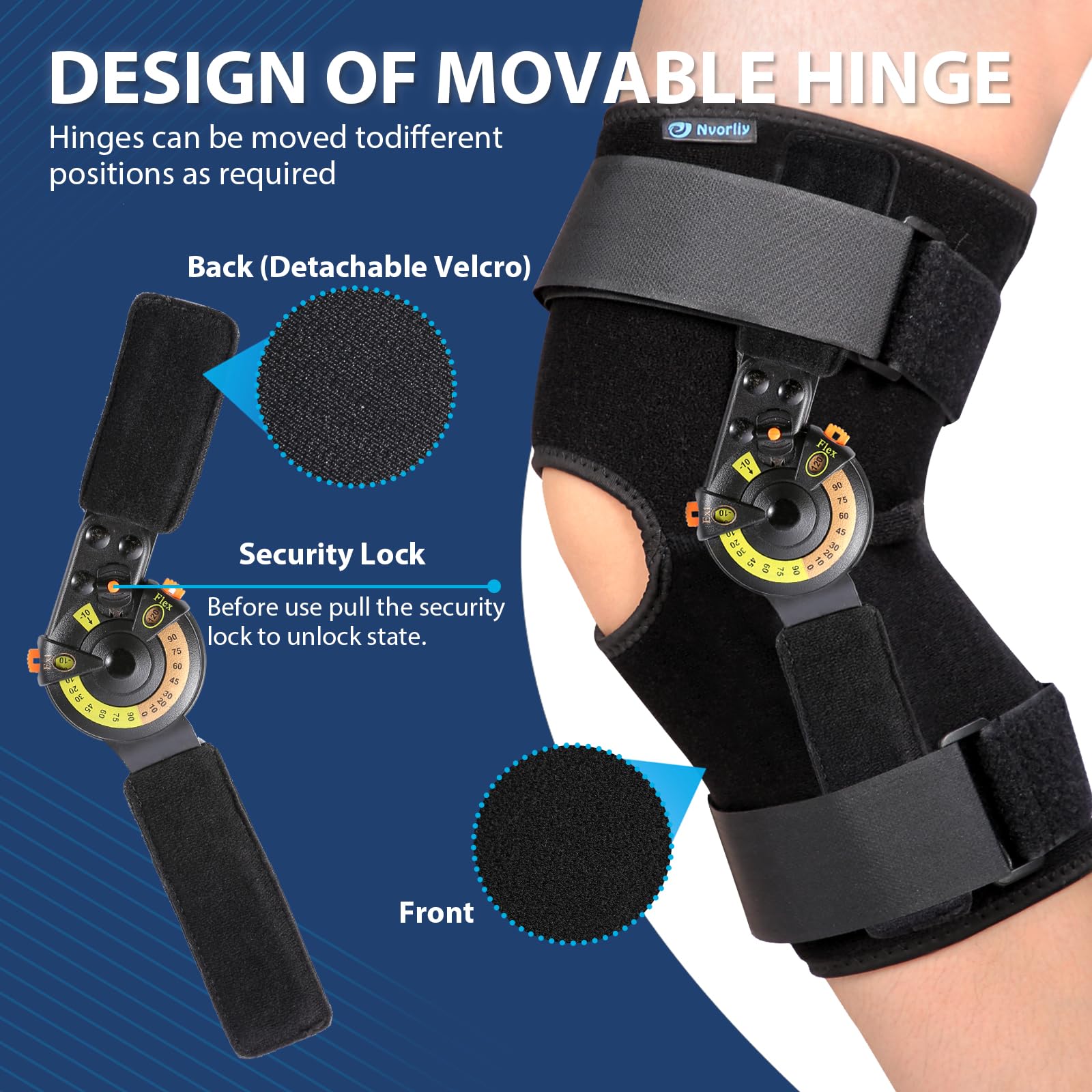 Nvorliy Hinged ROM Knee Brace with Side Stabilizers & Locking Dials, Post Op Knee Immobilizer for Arthritis, ACL, MCL, PCL, Meniscus Tear, Injurie/Knee Pain, Medical Orthopedic Support (Regular)