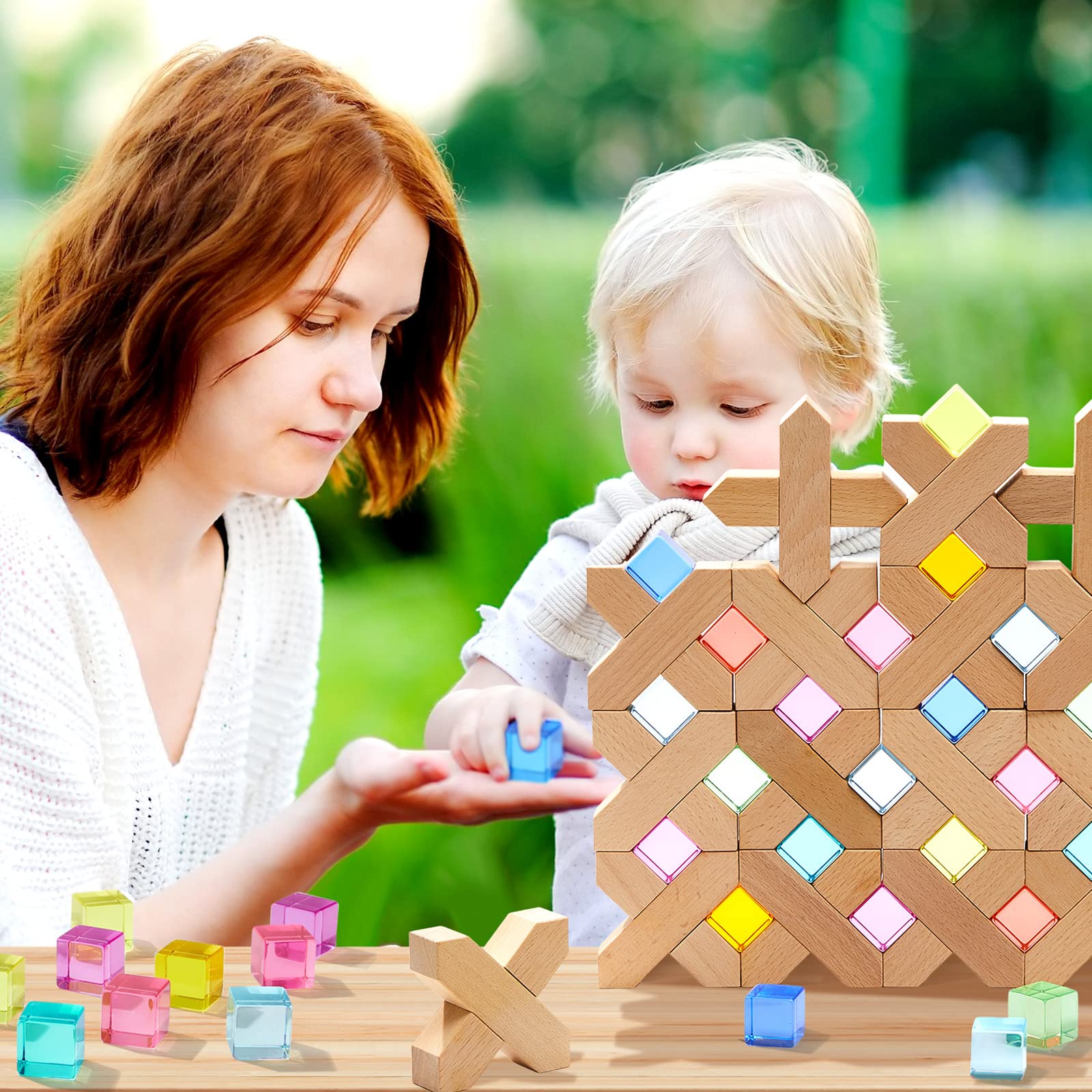 Wood Rainbow Building Blocks Set 60 Pcs Rainbow Acrylic Gem Cubes Blocks 32 Pcs X Shaped Wood Building Blocks Preschool Colorful Learning Educational Rainbow Stacking Toy for toddlers with Storage Box