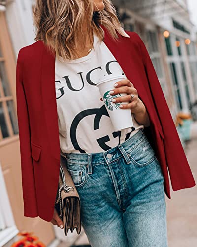 Newffr Womens Casual Blazer Jackets - Open Front Long Sleeve Lapel Collar Work Office Jackets Blazer Summer Outwear Red