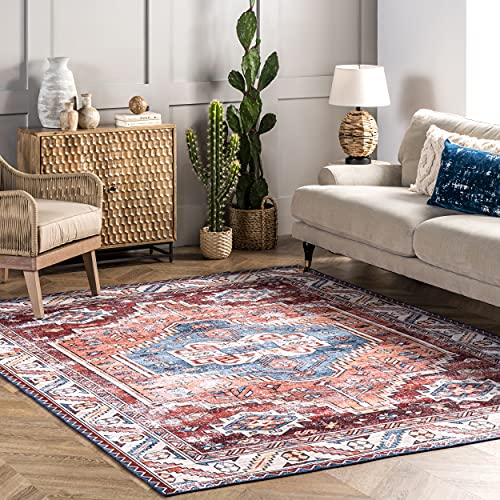 nuLOOM Marli Machine Washable Faded Medallion Ultra Thin Area Rug, 9' x 12', Rust