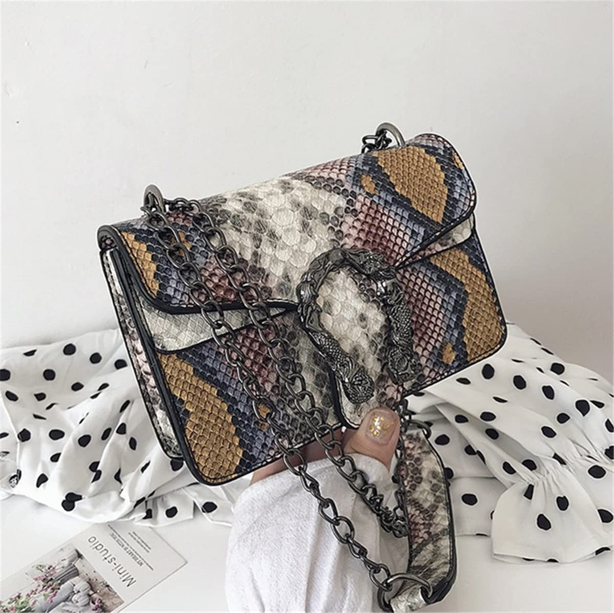 Women's Mixed Color Snakeskin Crossbody Clutch Bag Shoulder Bag (Khaki Mixed)