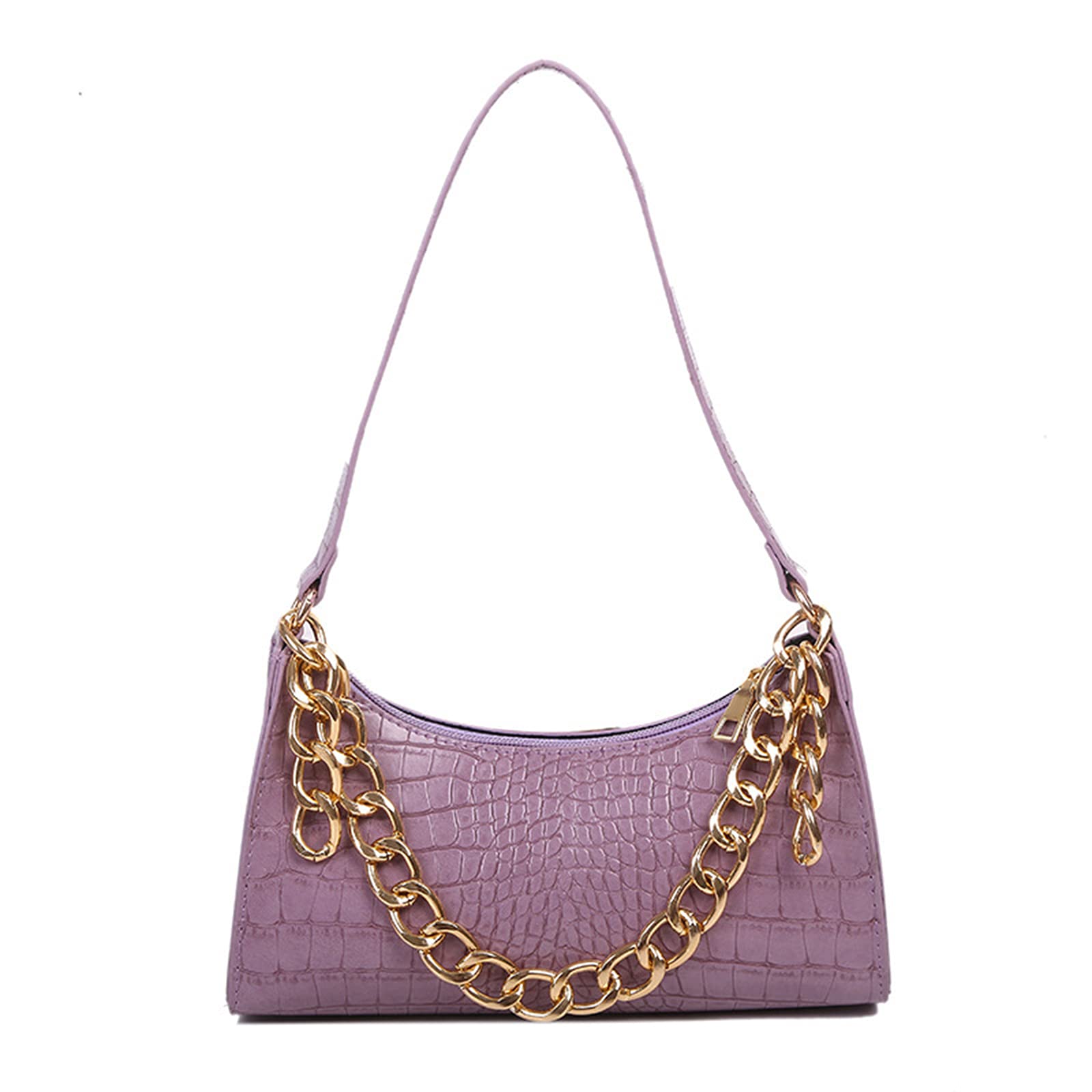 Women Shoulder Purse 90s Retro Handbags With Chain Decor Handle Design Crocodile Pattern Clutch Bag, Purple