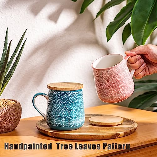 Taimei Teatime Coffee Mug with Lid Set of 2, 16.5 oz Ceramic Coffee Mugs with Handpainted Floral Pattern, Mugs Gift Set for Tea Lover, Woman and Couple, Microwave and Dishwasher Safe
