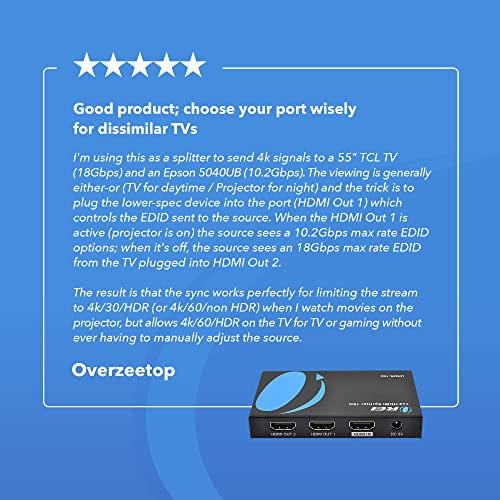 OREI UltraHD 4K @ 60 Hz 1 X 2 HDMI Splitter 1 in 2 Out 2 Port 2: 8-Bit - HDMI 2.0, HDCP 2.0, 18 Gbps, EDID, Duplicate / Mirror 4K Screens - UHDS-102