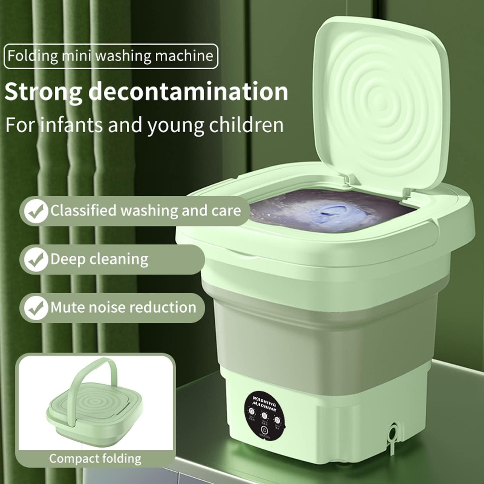 SamFansar 8L Large Capacity Portable Washing Machine, Foldable Mini Washing Machine with 3 Modes Deep Cleaning for Clothing, Underwear, Baby Clothes, Socks or Small Items Green US Plug