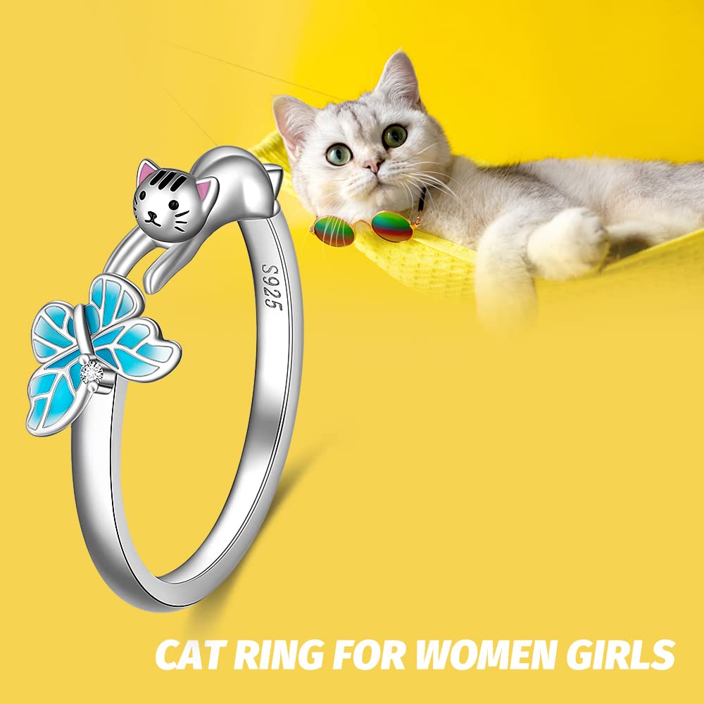 Women Cat Ring 925 Sterling Silver Cat Wrap Around Ring Butterfly Rings for Women Cat Crazy Kitty Jewelry Size 8
