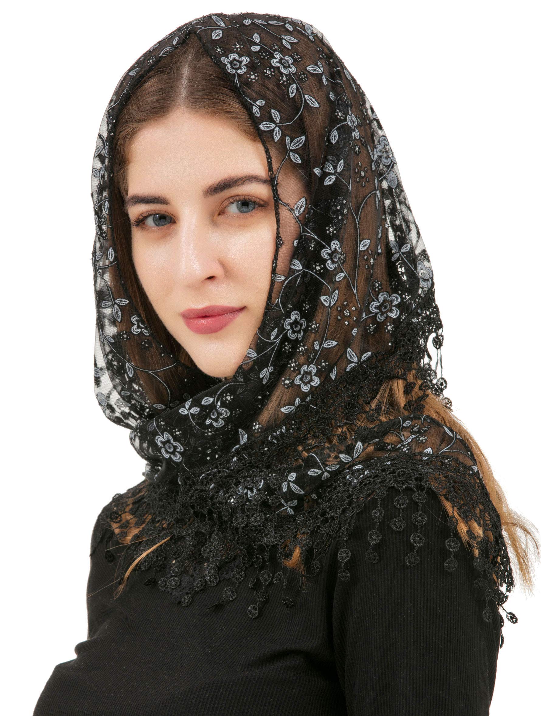 PAMOR Triangle Lace Veil Mantilla Cathedral Head Covering Chapel Veil for Mass Wedding Bridesmaids (Black)