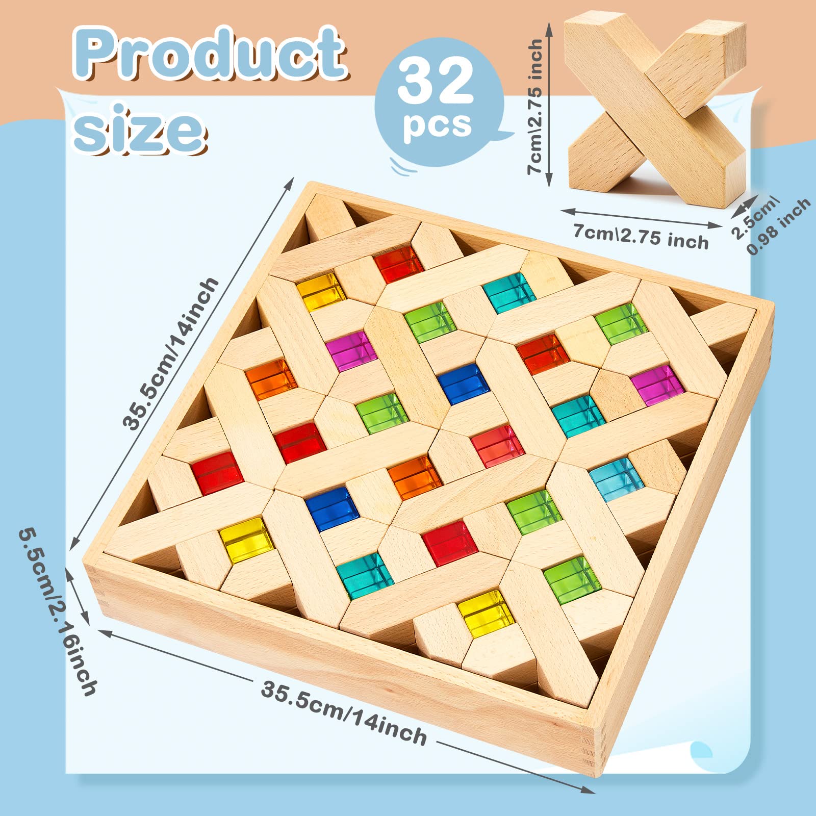 Wood Rainbow Building Blocks Set 60 Pcs Rainbow Acrylic Gem Cubes Blocks 32 Pcs X Shaped Wood Building Blocks Preschool Colorful Learning Educational Rainbow Stacking Toy for toddlers with Storage Box