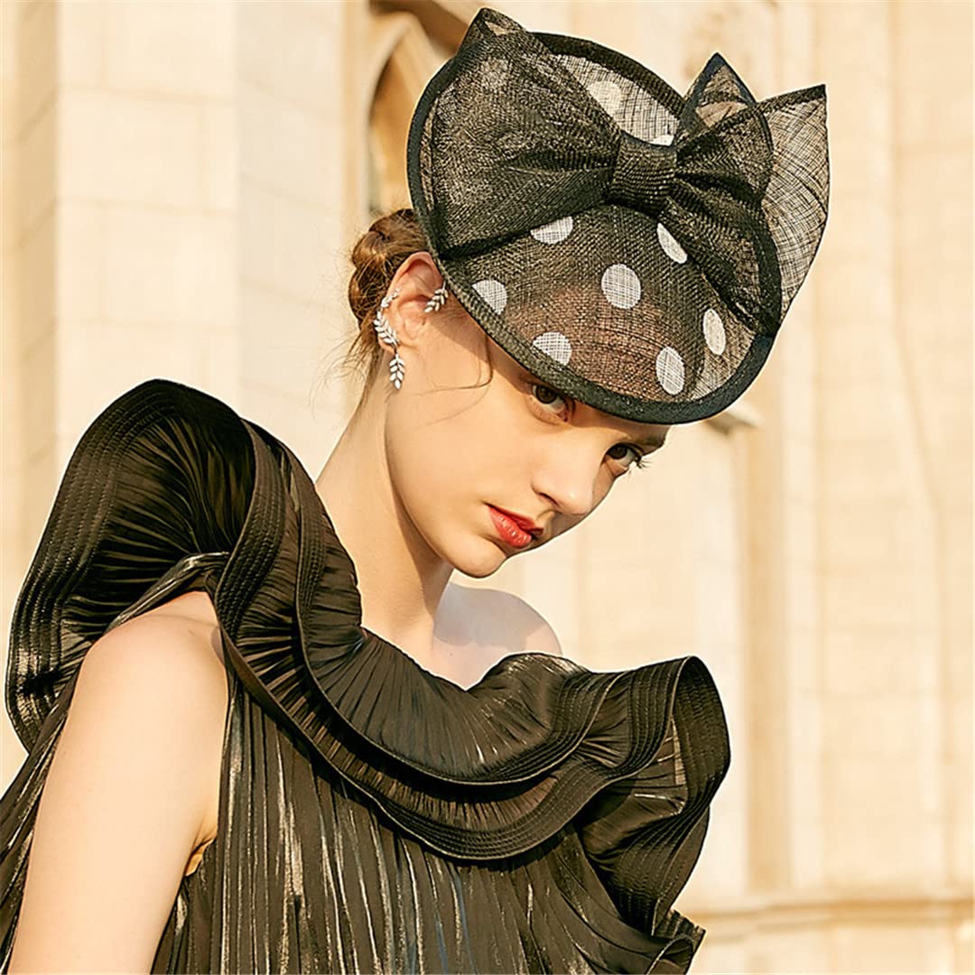 Women Chic Hat Cocktail Wedding Party Church Headpiece Kentucky Headwear Feather Hair Accessories Black White Dot
