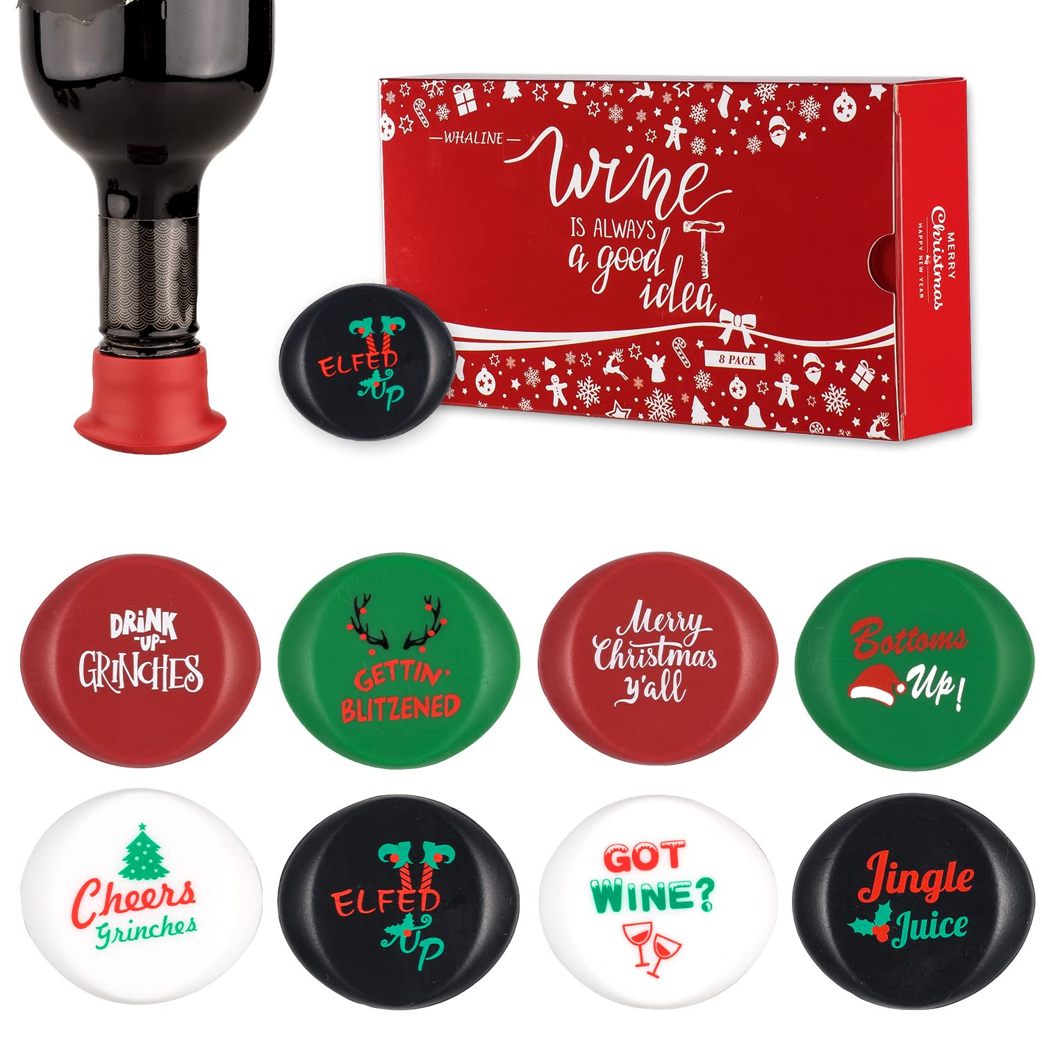 Whaline 8 Pack Christmas Wine Bottle Stoppers and Gift Box, Funny Silicone Reusable Caps Bottle Sealers with a Funny Saying for Wine Beer Bottles