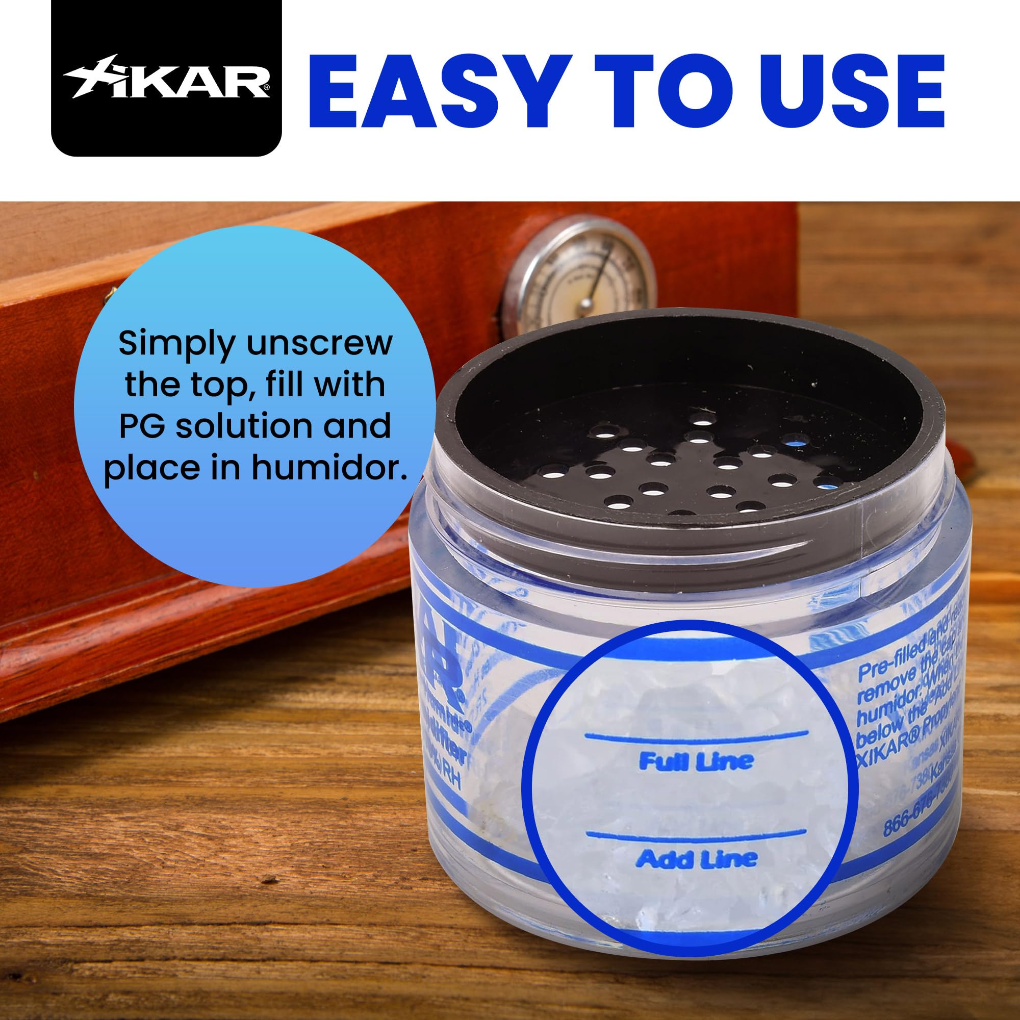 XIKAR Crystal Gel Humidifier Jar for Cigar Humidors, 2oz - Reusable Crystals for Premium Cigar Humidification - Regulates 70% Relative Humidity and Lasts up to 90 Days, Ideal for 75 Cigars