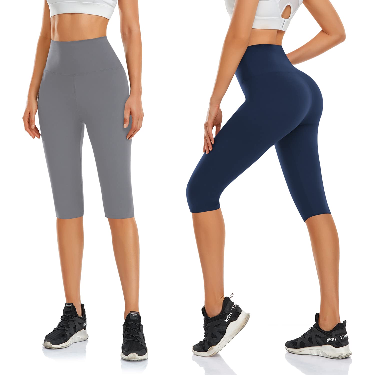 we fleece 3 Pack Women's Knee Length Capri Leggings-High Waisted Tummy Control Non See Through Workout Leggings Yoga Pants (Small-Medium, C-3 Pack-Black,Dark Grey,Navy Blue)