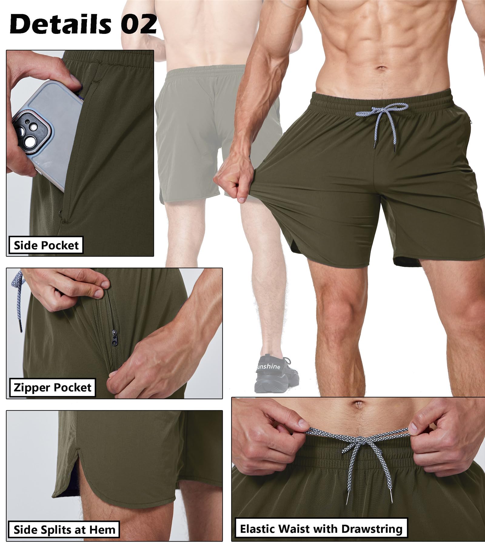 Oelise Men's 2 Pack Gym Shorts Running Jogger Quick Dry Athletic Bodybuilding Pants with Pockets Black and Olive Green L