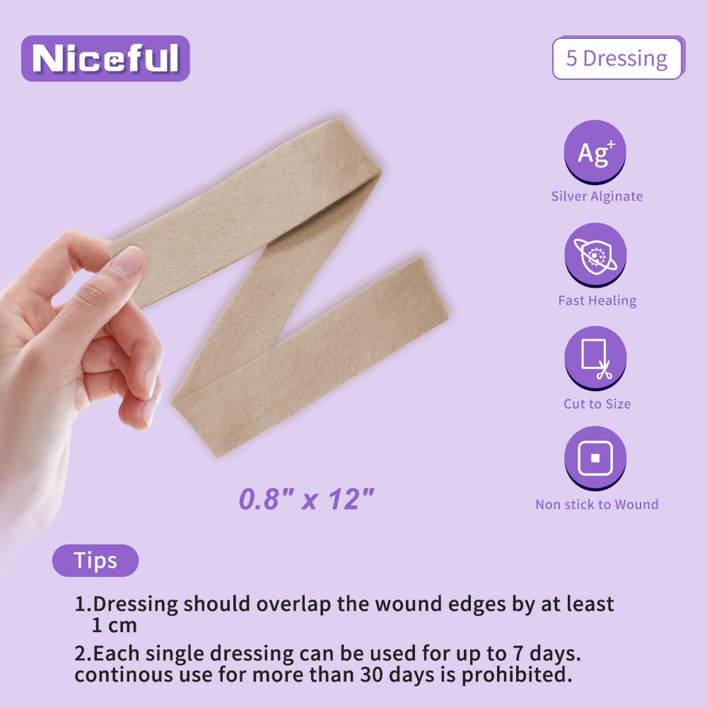 Niceful 5 Packs Silver Calcium Alginate Ropes0.8"x12โ, 10 Packs Silicone Foam Dressing 5"x5", Highly Absorbent Wound Dressing Comfortable Wound Pads for Pressure Ulcer