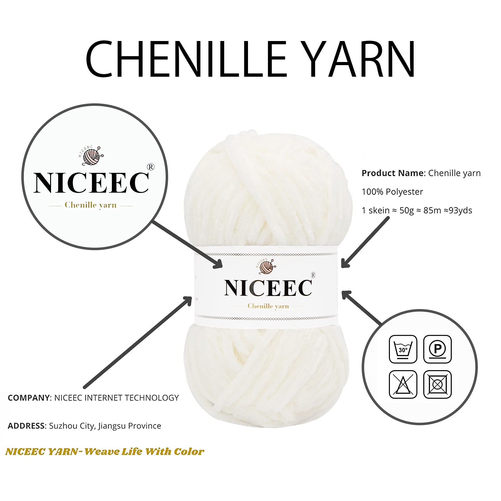 NICEEC 3 Skeins Soft Chenille Yarn Blanket Yarn for Knitting Fancy Yarn for Crochet Weaving DIY Craft Total Length 3×85m (3×93yds, 3×50g)_Cream White