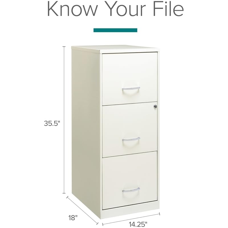 Scranton & Co 18" Deep 3 Drawer Metal Vertical File Cabinet, Letter Size, Locking, Home Office, in Pearl White