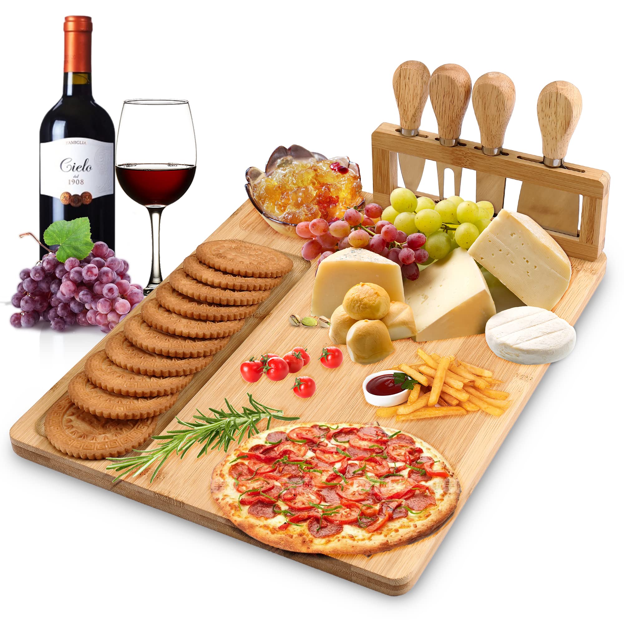 TWGDH Bamboo Cheese Board Set Including 4 Stainless Cutlery Set, Charcuterie Board And Serving Tray For Entertaining Or Gift (Rectangle Version)