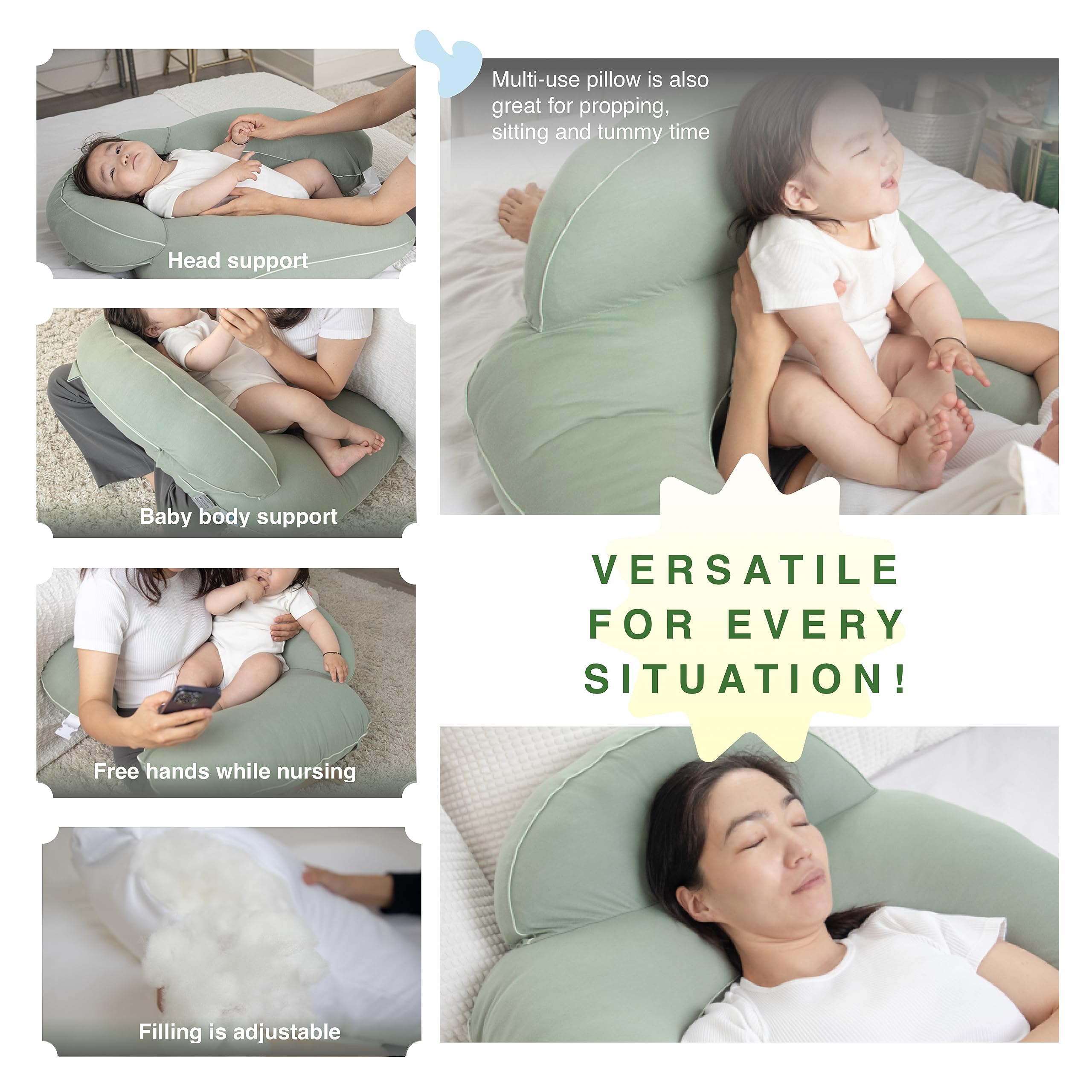 Pharmedoc Nursing Pillow for Breastfeeding - Breast Feeding Pillows with Safety Bumper and Adjustable Waist Straps - Removable Cover, Sage - Baby Essentials for Newborn - Full Support for Mom and Baby