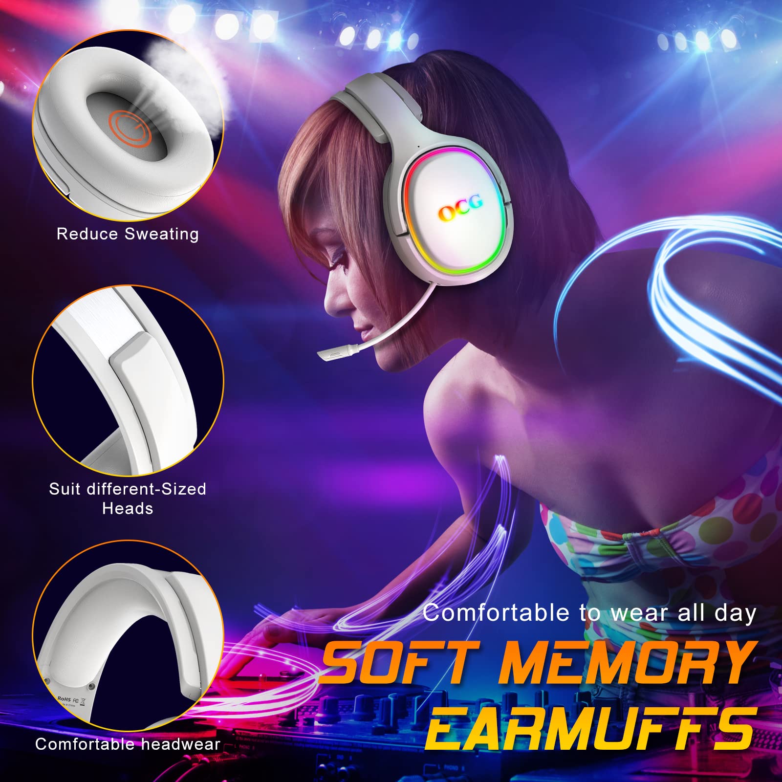 OCG Gaming Headset Dual Wireless Lossless 2.4G Bluetooth Gaming Headphones with Detachable Microphone 50mm Speakers - for PC, PS4, PS5,Smartphone,MacBook,Notebook,Tablet White…