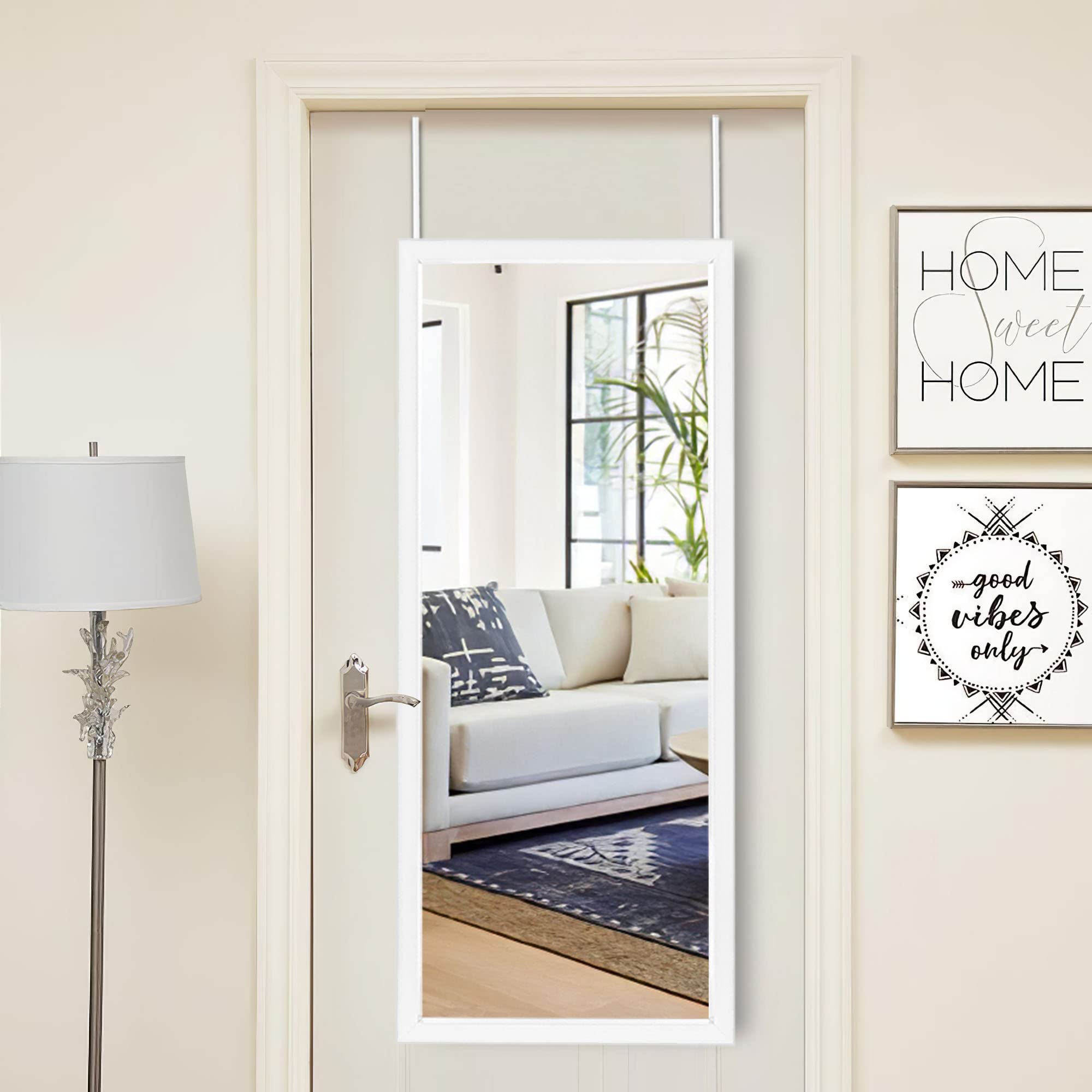 NeuType 43"x18" Over The Door Full Length Mirror, Door Wall Mirror, Wall Mount Over The Door Hanging Mirror with 2 Metal Hangers for Wall Bedroom, Bathroom, Living Room, Home Decoration (White)