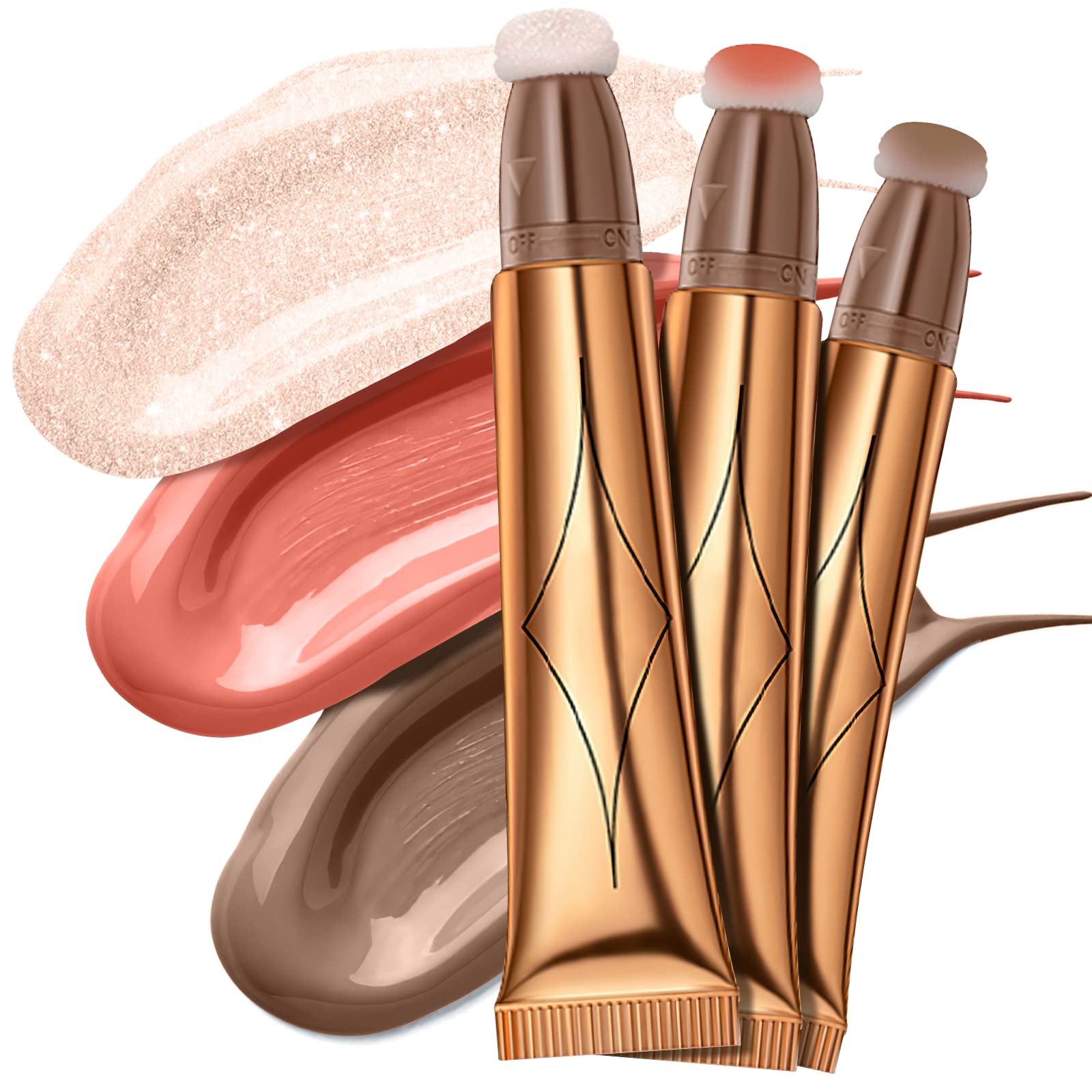 Reddhoon Contour Beauty Wand, Liquid Face Contouring & Highlighter & Blusher Stick with Cushion Applicator, Smooth Natural Matte Finish, Lightweight Blendable Super Silky Cream (3Pcs (01#Contour+02#Blush+04#Highlighter))