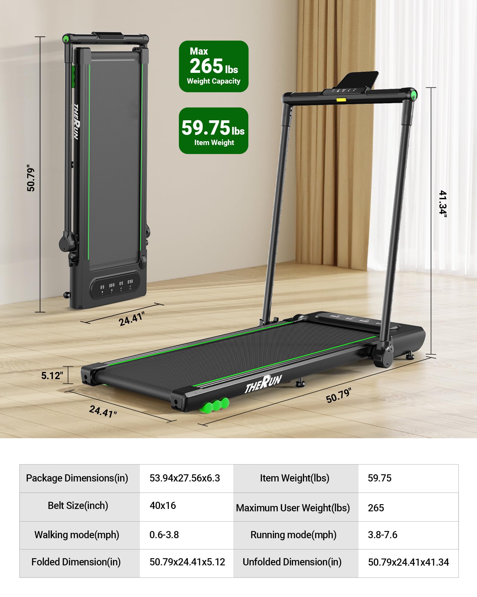 THERUN 2.5HP Treadmill, 2 in 1 Under Desk Walking Pad Treadmill, Electric Compact Space Folding Treadmill for Home Office with LED Touch Screen 0.6-7.6MPH Wider Running Belt, No Assembly Needed